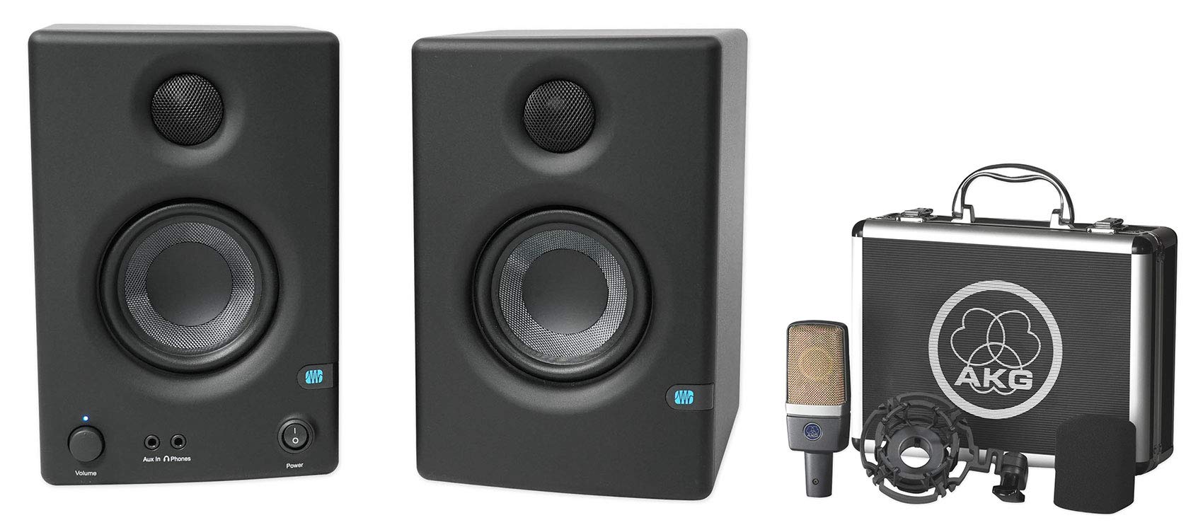 AKG C214 Professional Large-Diaphragm Studio Condenser Microphone Recording Mic Bundle with Pair Presonus Eris E3.5 3.5" Powered Studio Monitors Speakers w/Acoustic Tuning