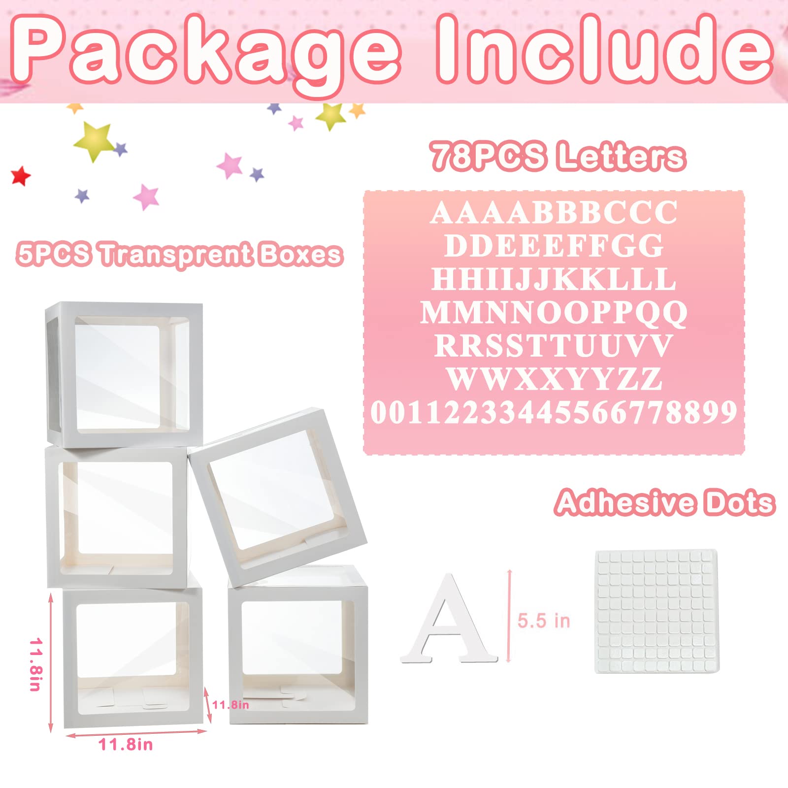 Baby Boxes with Letters, 5 Transparent Baby Shower Balloon Boxes with 78 Letters & Numbers for Gender Reveal Decorations Birthday Wedding Party Grad Backdrop Bridal Shower, White