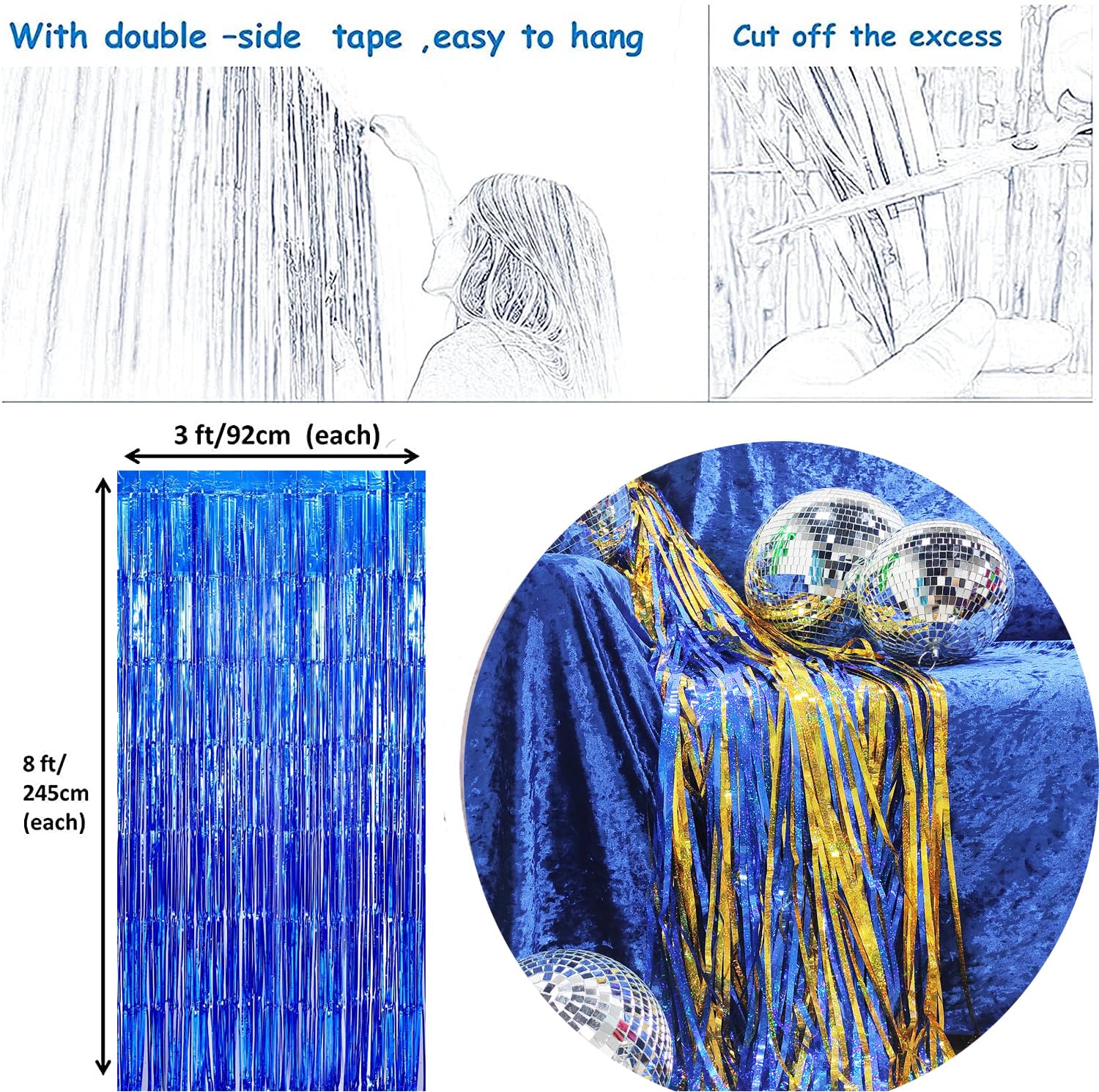Graduation Party Decorations Navy Blue Yellow 2024/Navy Yellow Blue Graduation Decorations Class of 2024 Foil Fringe Curtains Graduation Backdrop Metallic Foil Curtains for Navy Blue Birthday Party