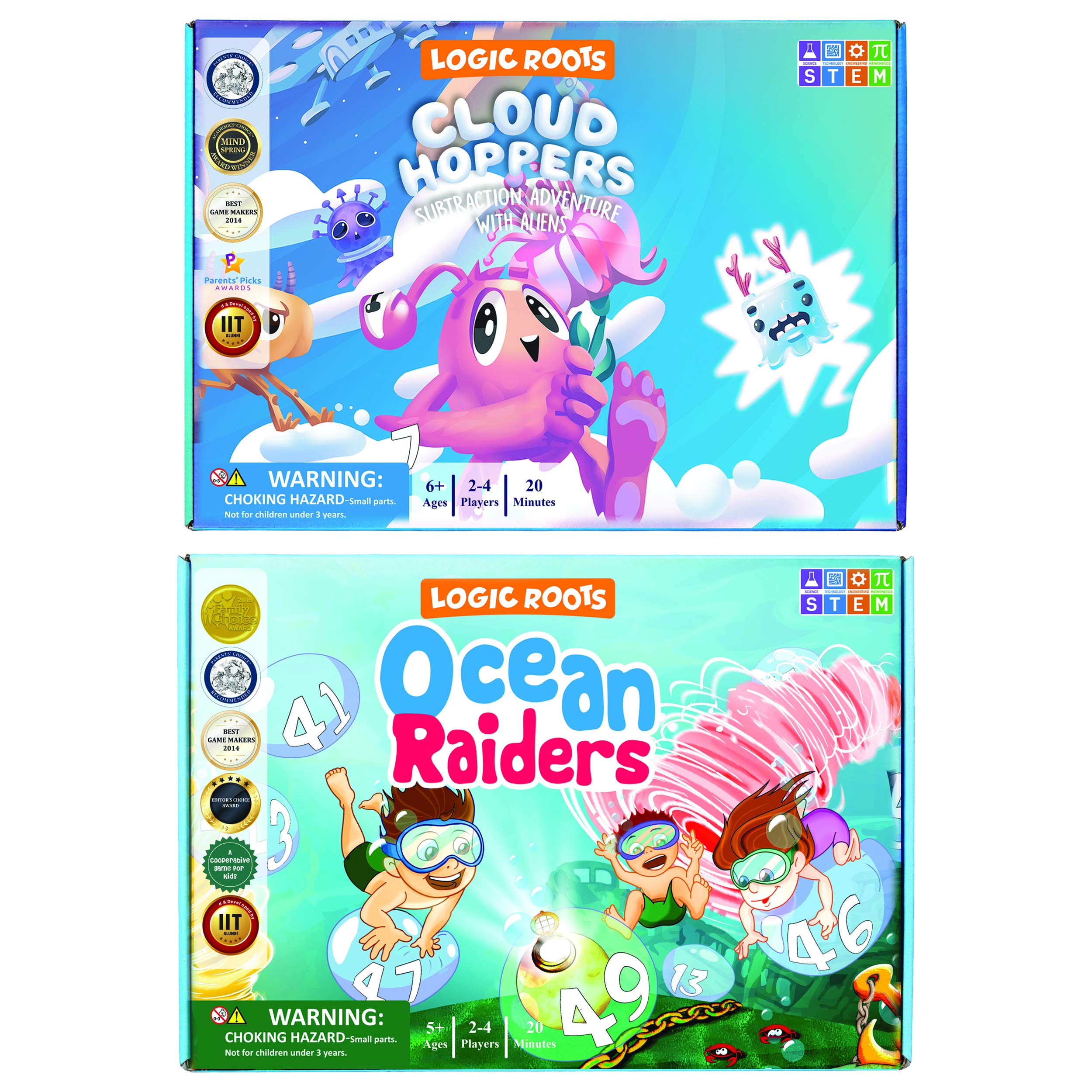 Logic Roots Addition and Subtraction Games - Pack of 2, Ocean Raiders and Cloud Hoppers, Math Board Games & STEM Toys for 6-8 Year Olds, Educational Gift for Kids, Homeschoolers, Kindergarten and Up