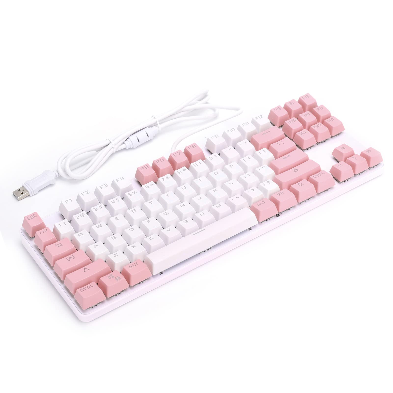 ASHATA Mechanical Keyboard 87 Keys, Cute USB Gaming Keyboard, Small Backlight Keyboard, Blue Switch Mixed Light Mechanical Keyboard for PC Laptop Desktop (Pink White)