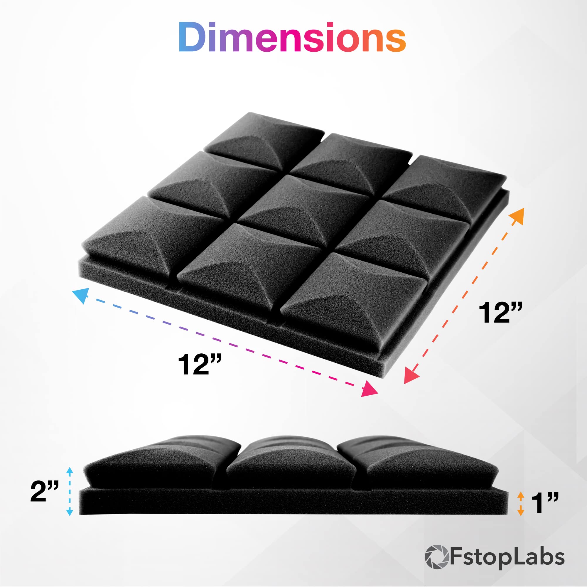 Fstop Labs Acoustic Foam Panels, 48 Pack Black 2" X 12" X 12" Mushroom Studio Wedge Tiles, Sound Panels Sound Proof Foam Panels Sound Proofing Padding For Wall