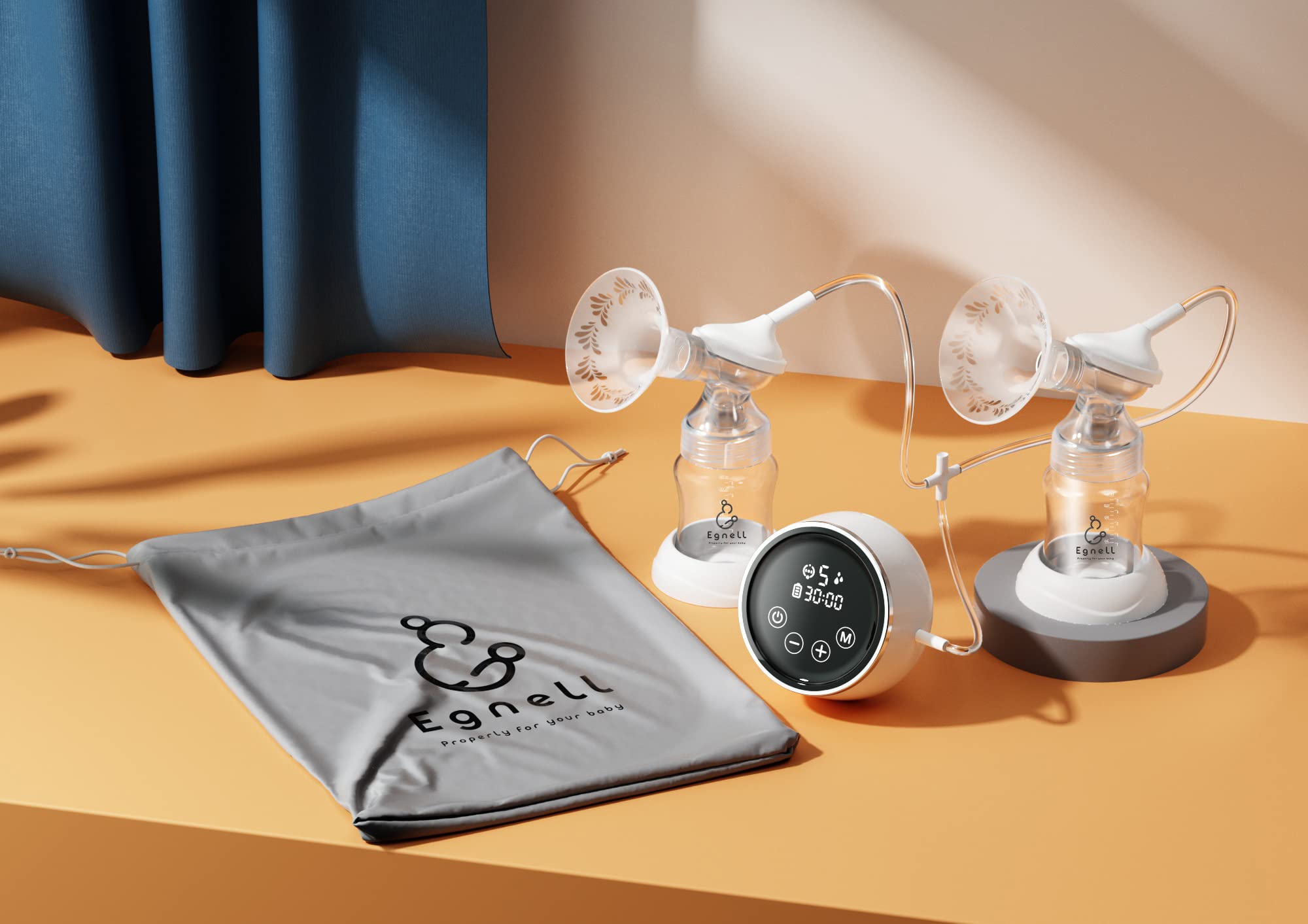 EGNELL Double Electric Breast Pump with Milk Bags - Quiet and Portable with 6 Modes and 9 Levels of Suction - Touch Screen LED Display and USB Charger