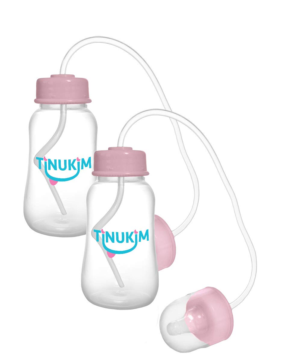 Tinukim iFeed 4 Ounce Self Feeding Baby Bottle with Tube - Handless Anti-Colic Nursing System, Pink - 2-Pack