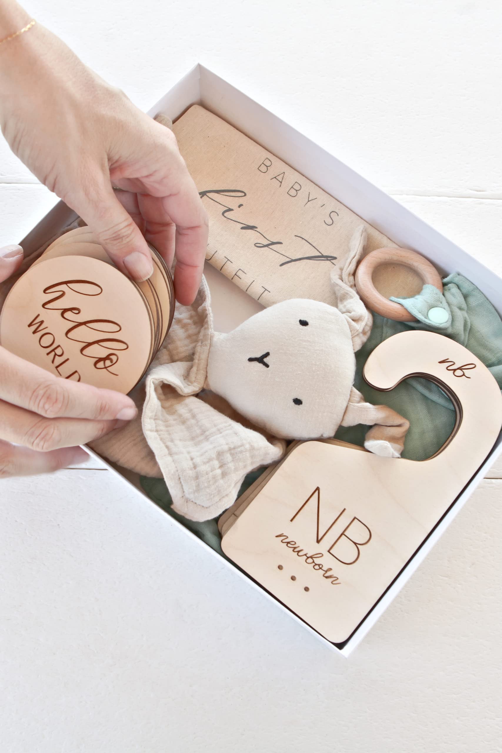 Baby Gift Box - Baby Gift Set Including Milestones Set, Baby Closet Dividers, Bunny, Teether+Blankie and Outfit Keepsake (Ultimate 5-Pack Gift Set)…