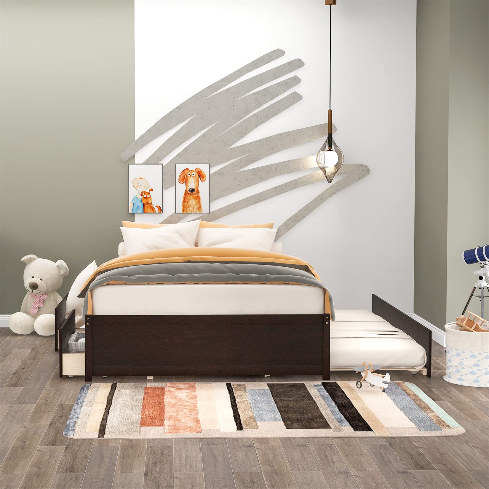 Harper & Bright Designs Full Bed with Trundle and Drawers Wood Platform Bed Frame with Storae Space-Saving Captain Beds for Boys, Girls, Kids, Teens and Adults, Espresso