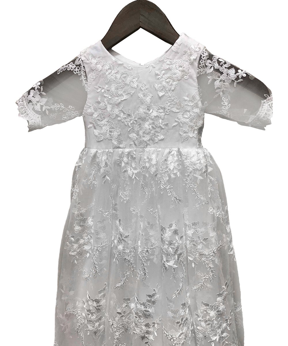 Long Ivory Christening Gown for Baby Girls Lace Baptism Dress with Bonnet 6M