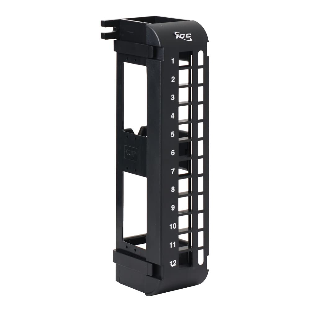 ICC 12 Port Blank Keystone Patch Panel with 89U Wall Mount Bracket for Slim Profile Keystone Jacks (Sold Separately), UL Listed, Black, IC107BP12V