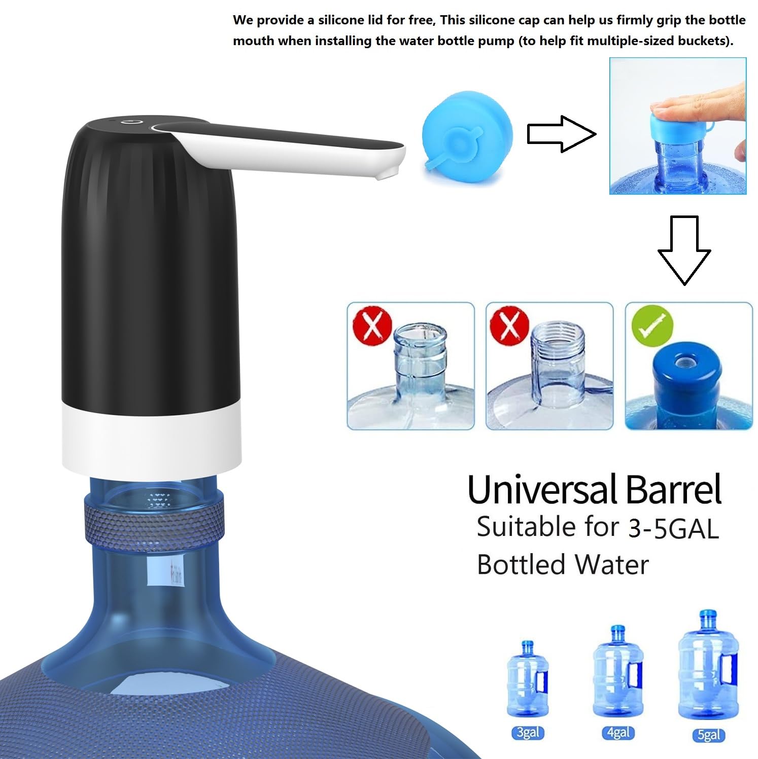 Myvision 5 Gallon Jug Portable Water Dispenser, Water Bottle Pump 5 Gallon Water Dispenser, USB Charging Electric Drinking Portable Water Dispenser, 2-5 Gallon Water Bottle Switch-Black