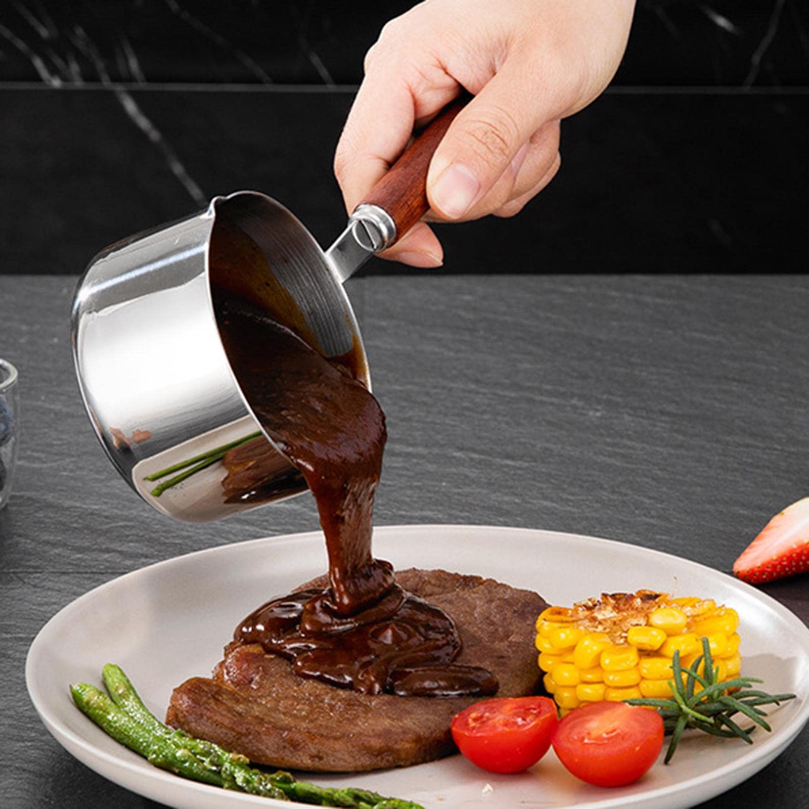Leefasy 304 Stainless Steel Mini Soup Pot with Wooden Handle Breakfast Pot Milk Pan Small Saucepan for Making Sauces Reheating Soup Heating Milk, 250ml