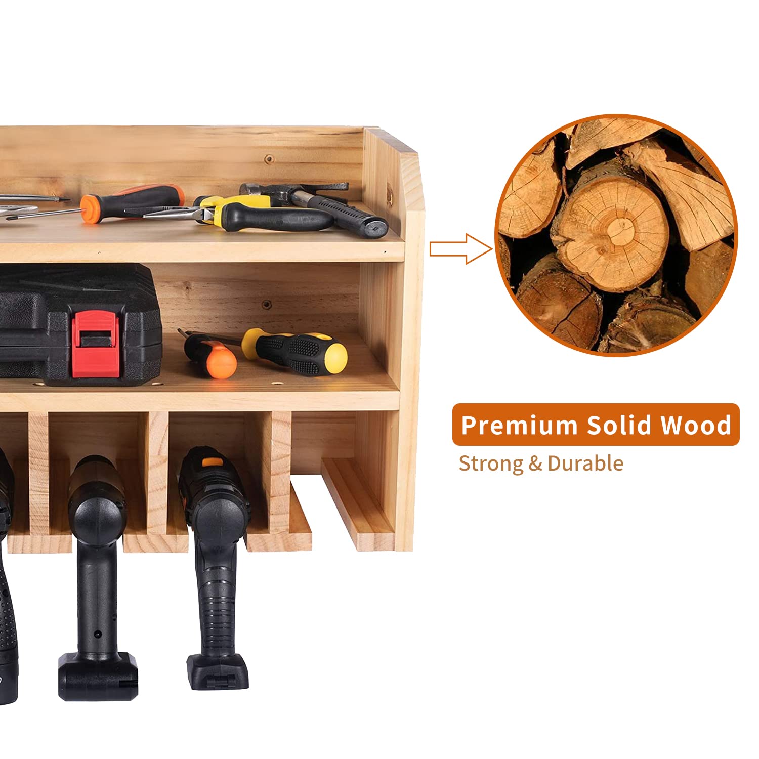 Baoz Wooden Power Tools Organizer Cabinets 5 Hanging Slots Drill Charging Station Wall Mounted Garage Tool Holder Cordless Drills Storage Shelf Rack for Circular Saw, Screwdriver Drill Impact Wrench