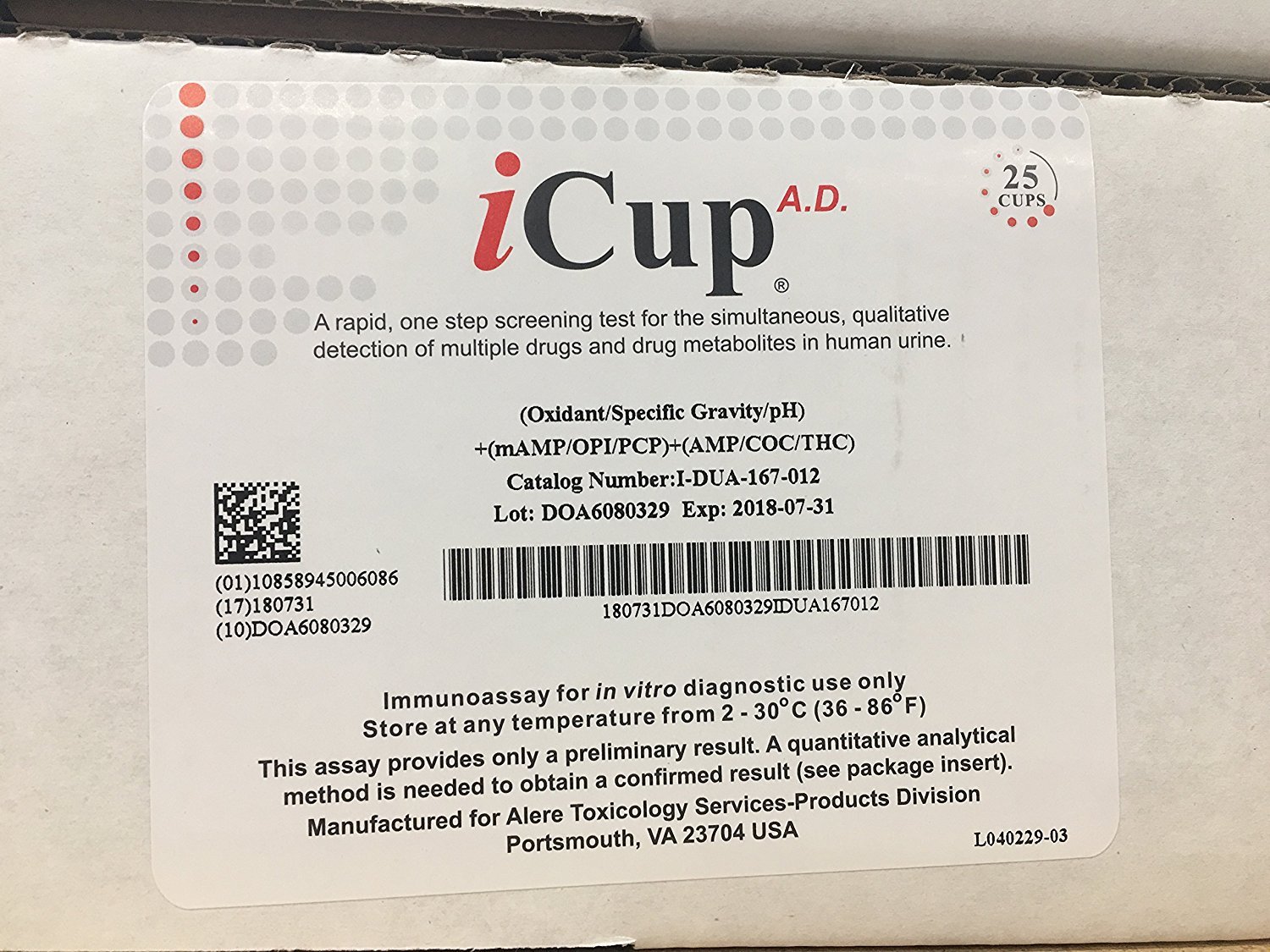 iCup 5 Panel Urine Drug Test (COC, THC, OPI, mAMP, PCP) w/ adulteration (OX,SG,PH) - CLIA Waived (25 Cups)