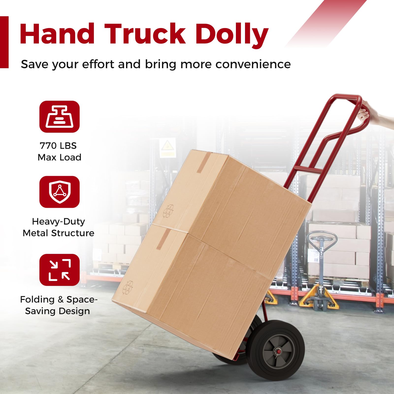 Goplus Hand Truck, P-Handle Hand Truck Dolly w/Vertical Loop Handle, 10β Rubber Wheels, 15βx8β Foldable Nose Plate, 660LBS Capacity, Heavy Duty Metal Dolly Cart for Lifting, Stairs (Red)