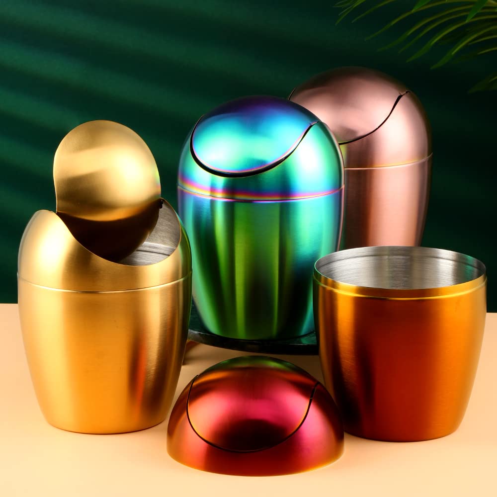 Mini Desktop Trash Can With Swing Lid, Gold Metal Garbage Can, Premium Stainless Steel 18/10 Reusable Waste Bin For Kitchen Bathroom Office Dressing Table Counter Top, Egg Shaped(Gold, 0.4 Gallon)