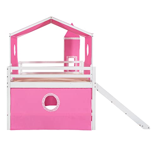 BOVZA Castle Full Low Loft Bed with Slide Pink Tent and Tower for Kids Teens Boys Girls, Pink