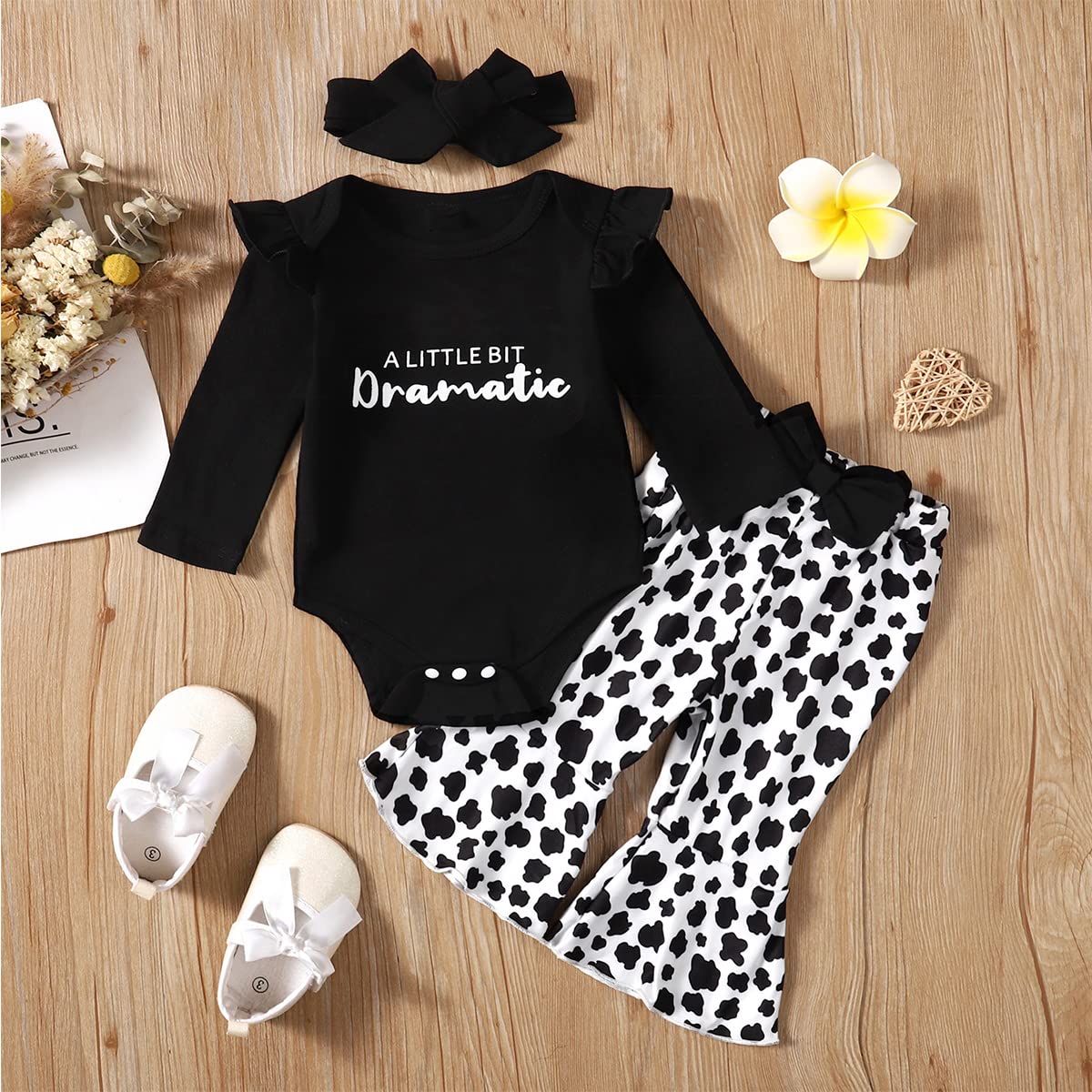 Aslaylme Baby Girl Clothes Flare Pant Outfit A Little Bit Dramatic Bodysuit (Black, 12-18 Months)