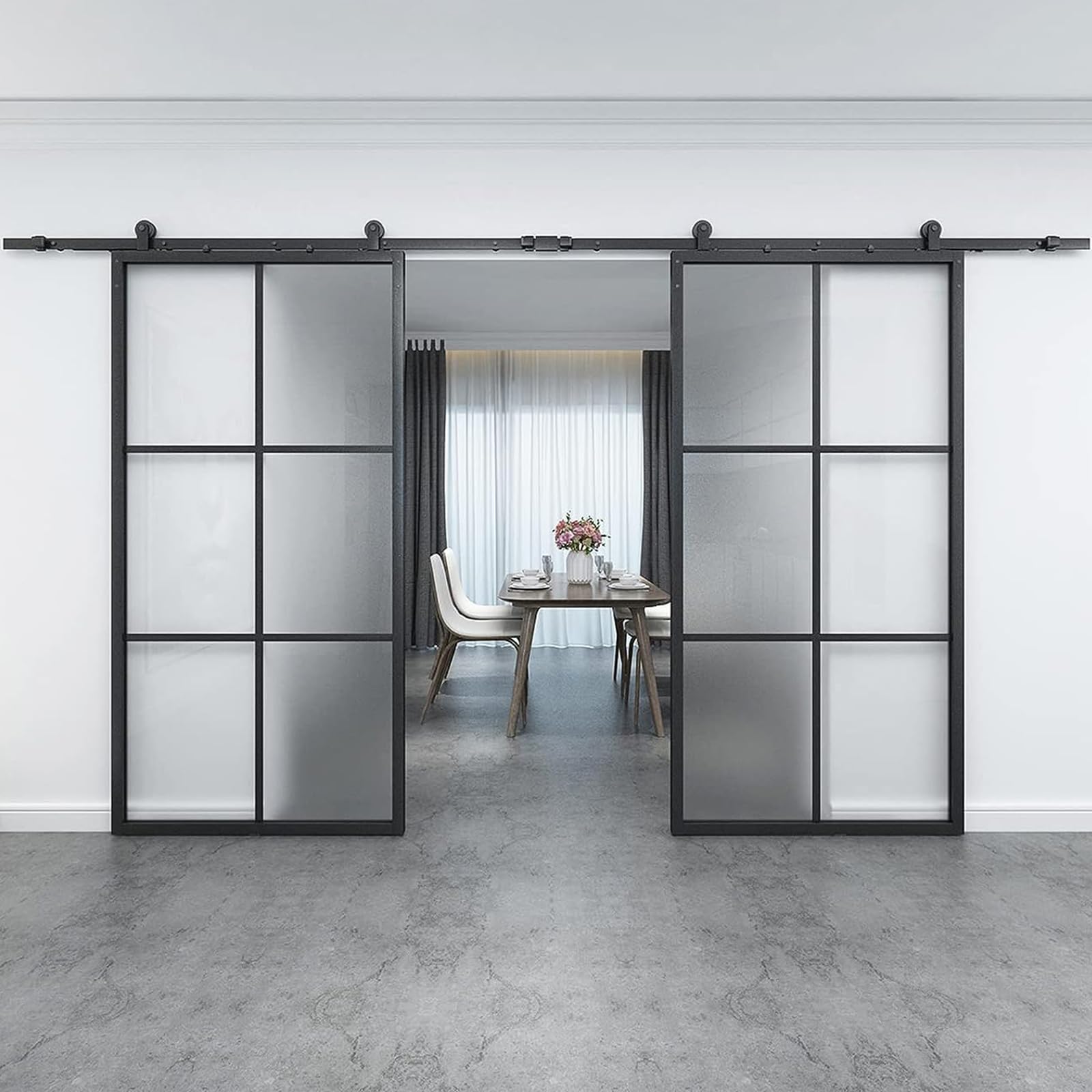 BARNSMITH 84in x 84in Double Glass Barn Door with 14FT Top Mounted Hardware Kit, Modern Black Aluminum Frame Tempered Frosted Glass Sliding Door, DIY Double Barn Door,Assemble Required(2 * 42inx 84in)