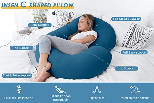 INSEN Pregnancy Pillow,Maternity Body Pillow with Velvet Cover,C Shaped Body Pillow for Sleeping (Blue Jersey)