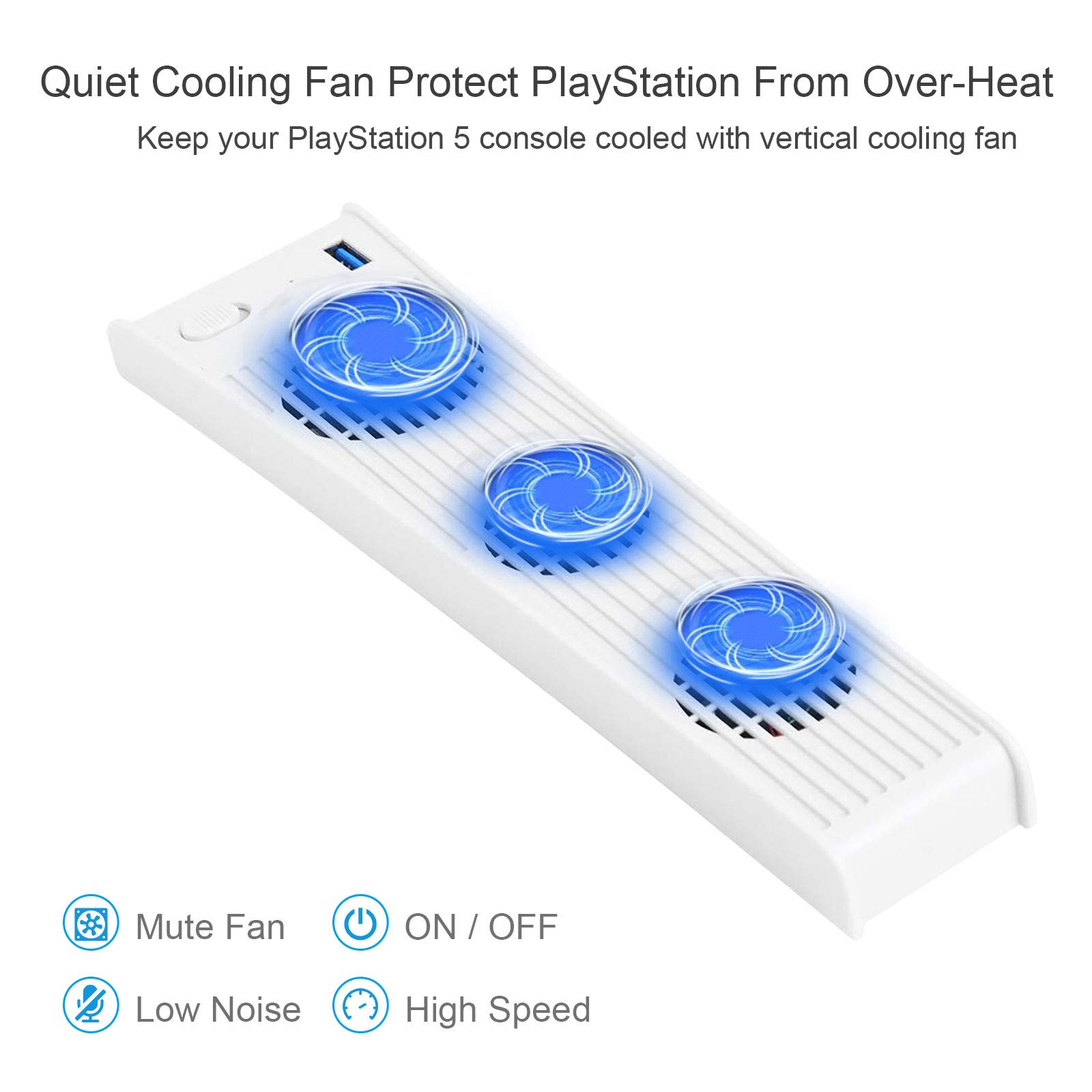 AKNES Cooling Fan for PS5,USB External Cooler 3 Fan Turbo Temperature Control Cooling Fans for Sony Playstation 5/5 Digital Edition Game Console,with 8 PCS Thumb Stick Grips Caps,White