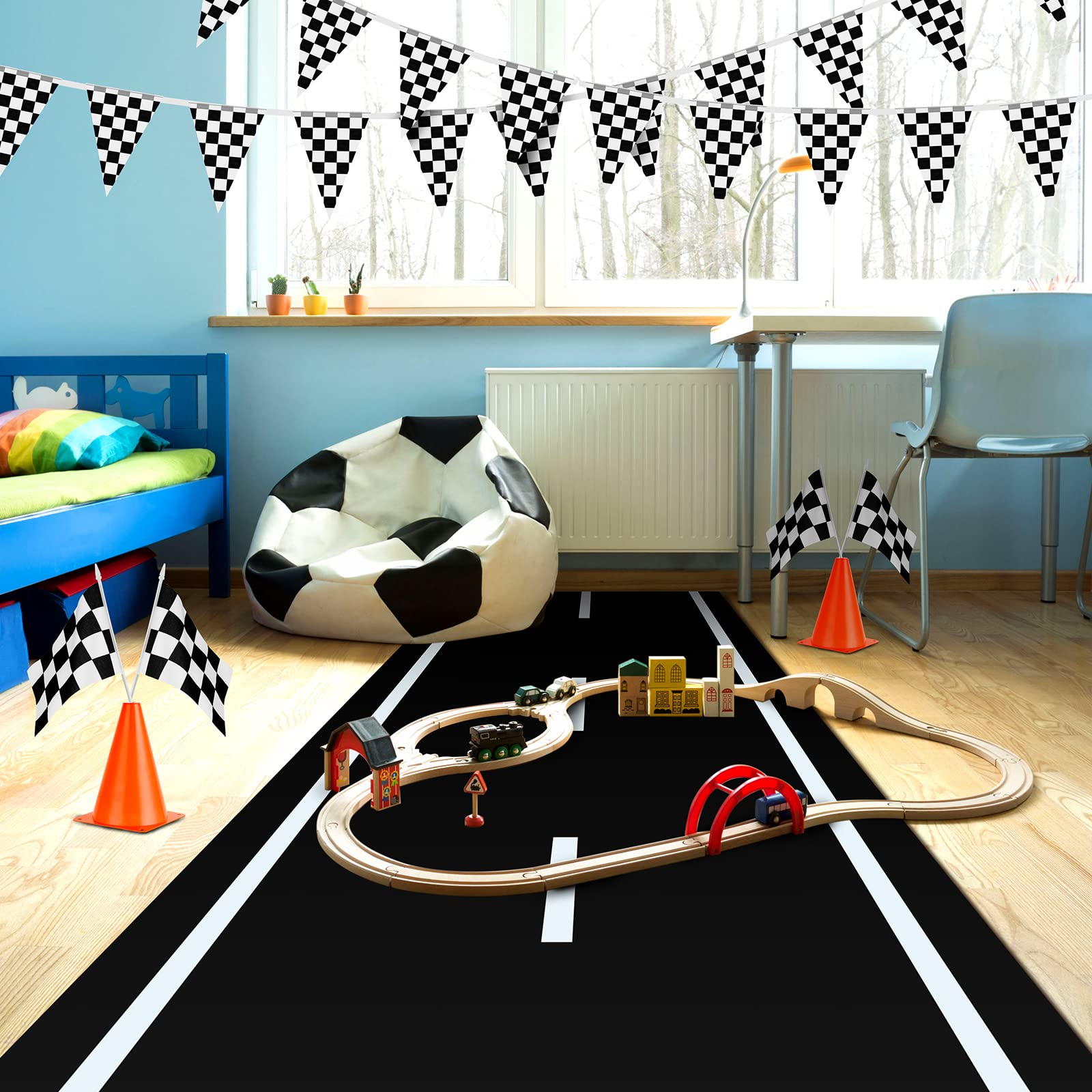 Racetrack Floor Running Black Racer Party Decoration Mat Road Table Runner Long Racetrack Tablecloth Drag for Party (Simple Style,16 ft x 2 ft)