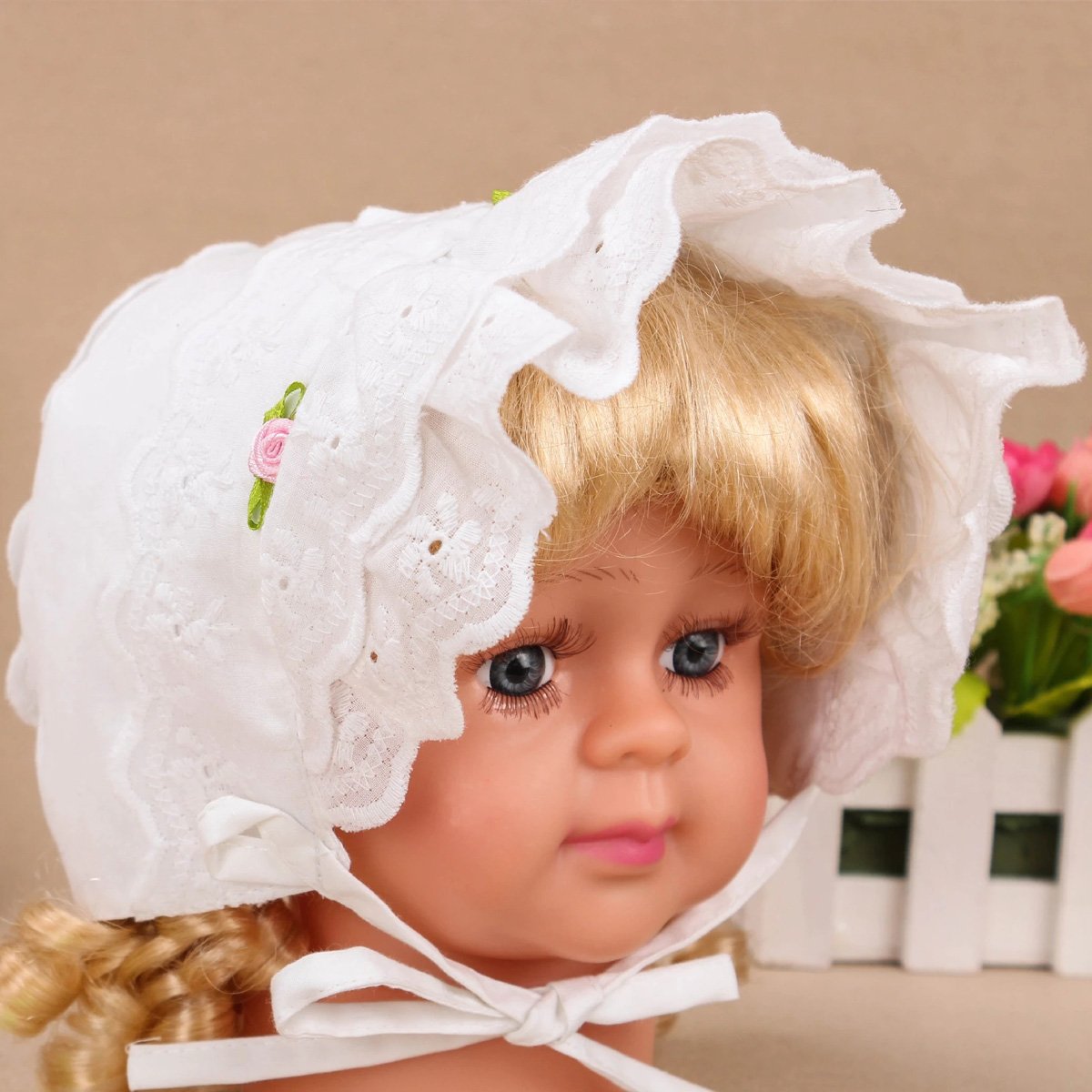 Slowera Cap Baby Girls 100% Cotton Double Brimmed Eyelet Lace Bonnet with Flowers (0-3 Months, White)