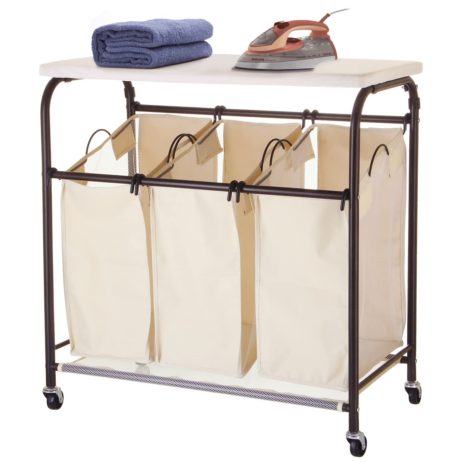 Laundry Hamper 3-Bag Sorter Cart with Ironing Board