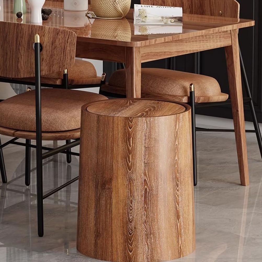 BESTOYARD Wood Grain Trash Can 2.6 Gallon Plastic Round Wastebasket with Swing Lid Garbage Container Bins for Home Office Bedroom Bathroom
