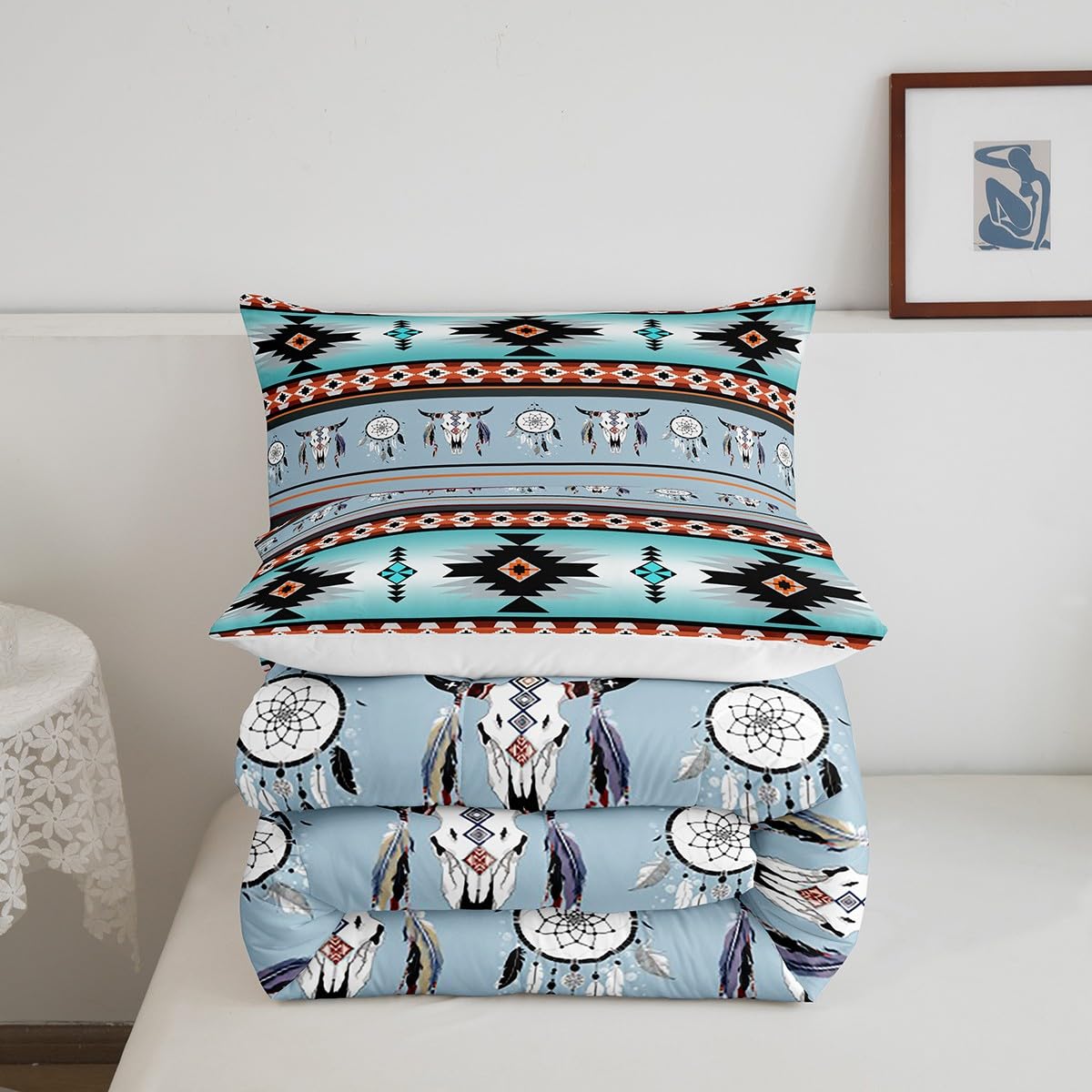 Erosebridal Western Bedding Sets Queen, Exotic Bull Skull Queen Comforter Set Southwestern Quilt,Dream Catchers Tribe Feather Duvet Insert Western Animals Boho Aztec Western Decor Blue Teal Orange