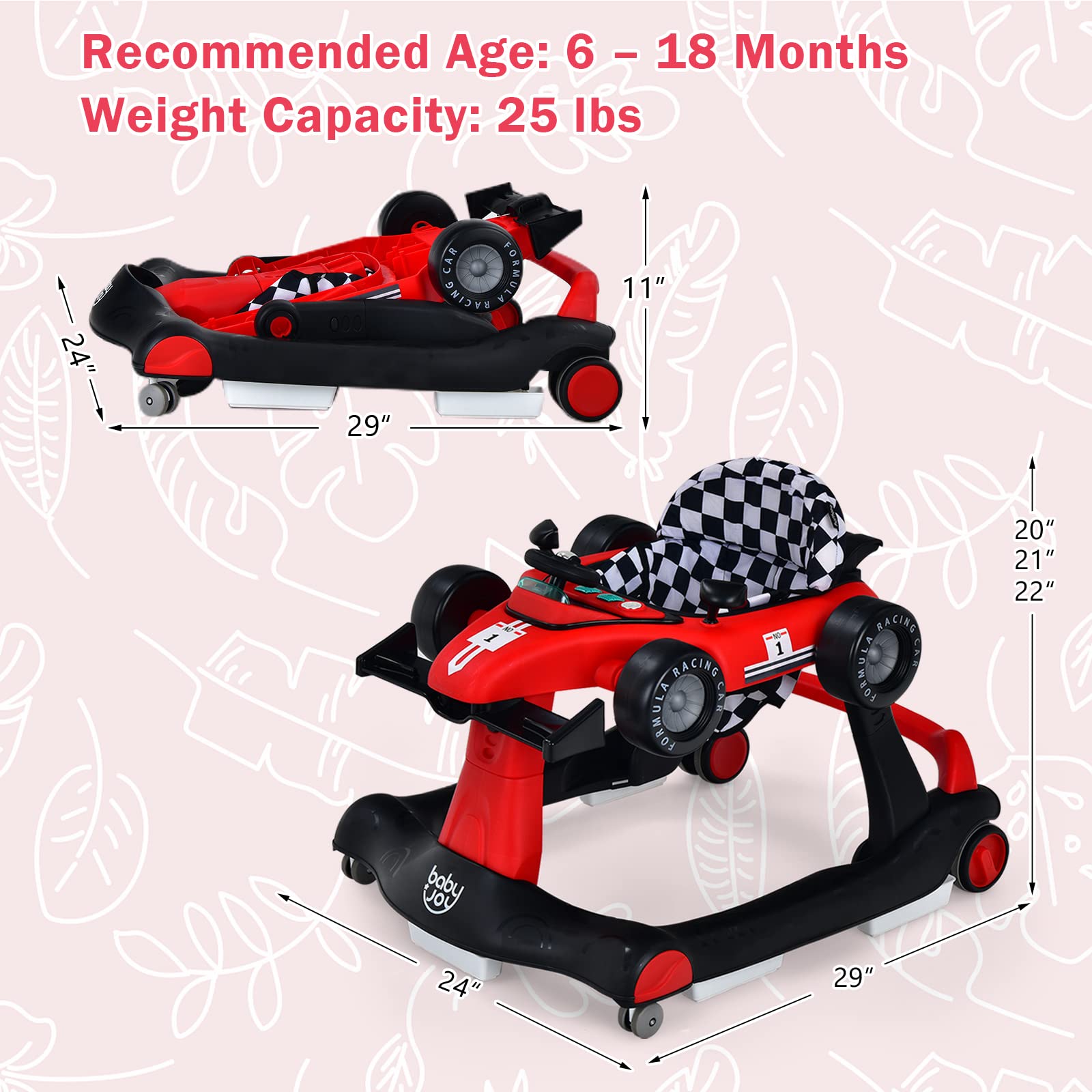 BABY JOY 4-in-1 Baby Walker, Foldable Activity Walker with Adjustable Height & Speed, Music, Lights, Anti-Rollover, Toddler Push Walker, Baby Walker with Wheels for Boys Girls 6-18 Months (Red)