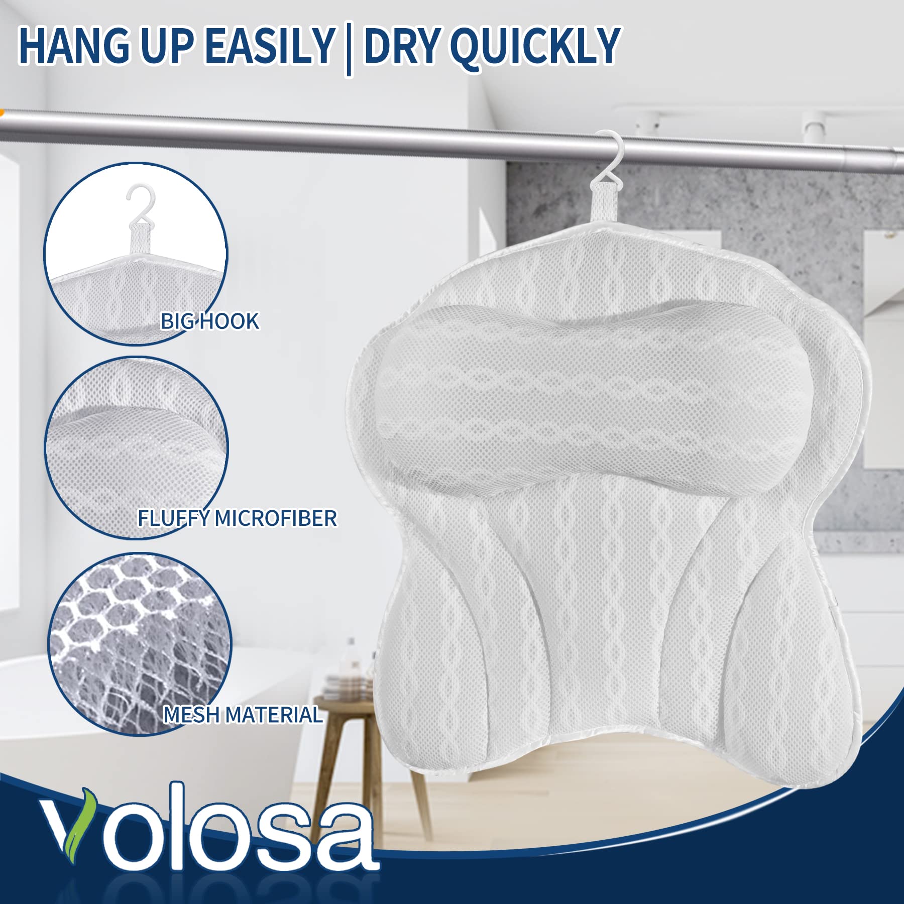 Bath Pillow for Bathtub, VOLOSA Bath Pillows for Tub Neck and Back Support, Luxury Bath Tub Pillow with 6 Suction Cup, 3D Air Mesh Headrest for Soaking Tub, Bubble Baths and Relaxing Spas