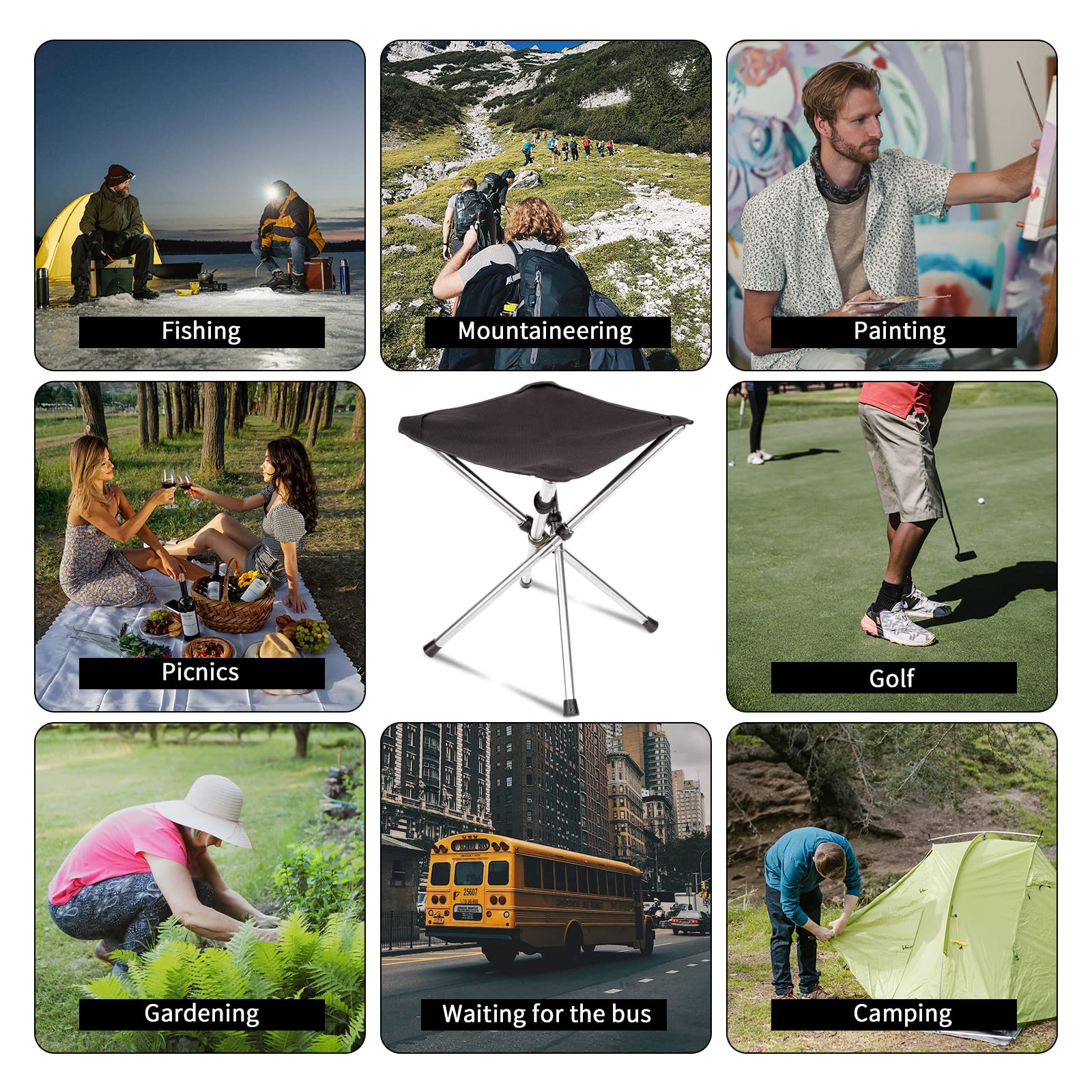 Acelane Folding Camping Stool, Stainless Steel Compact Lightweight Folding Stool for Camping Backpacking Hiking Fishing Barbecue Outdoor, with Carry Bag