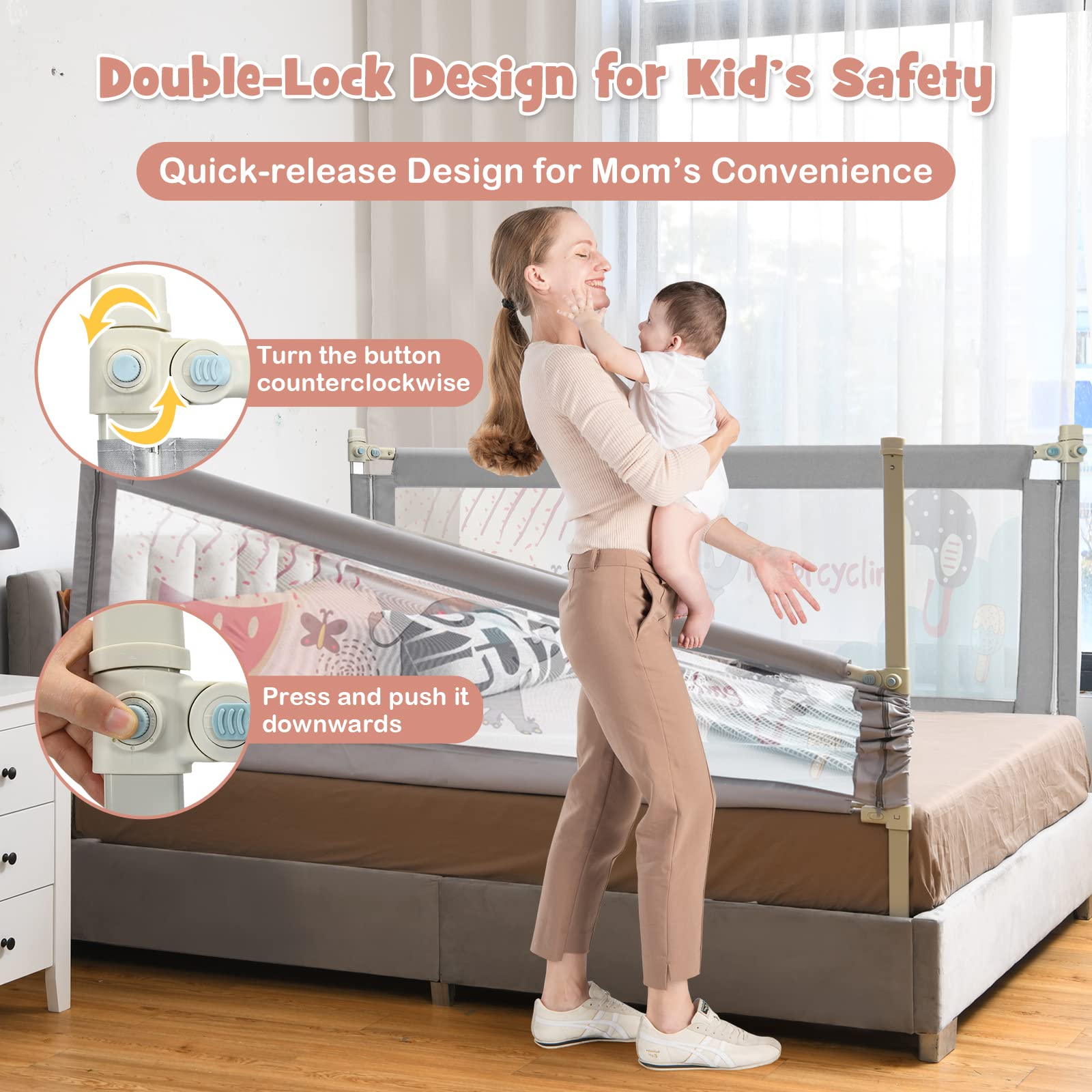 BABY JOY Bed Rail for Toddlers, 57ββ Extra Long, Height Adjustable & Foldable Baby Bed Rail Guard w/Breathable Mesh & Double Safety Child Lock for Kids Twin Double Full Size Queen King Mattress, Gray