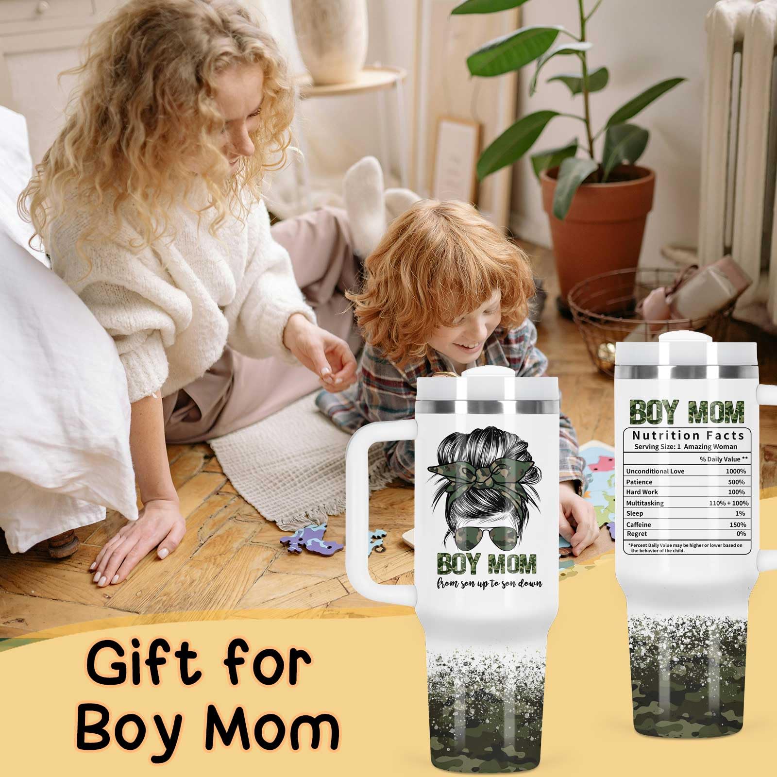 Boy Mom Gift Tumbler, Mother's Day Gift for Boy Mom Boy Mama, Gift for Mom From Son, Boy Mom Nutrition Fact 40 Oz Tumbler with Handle