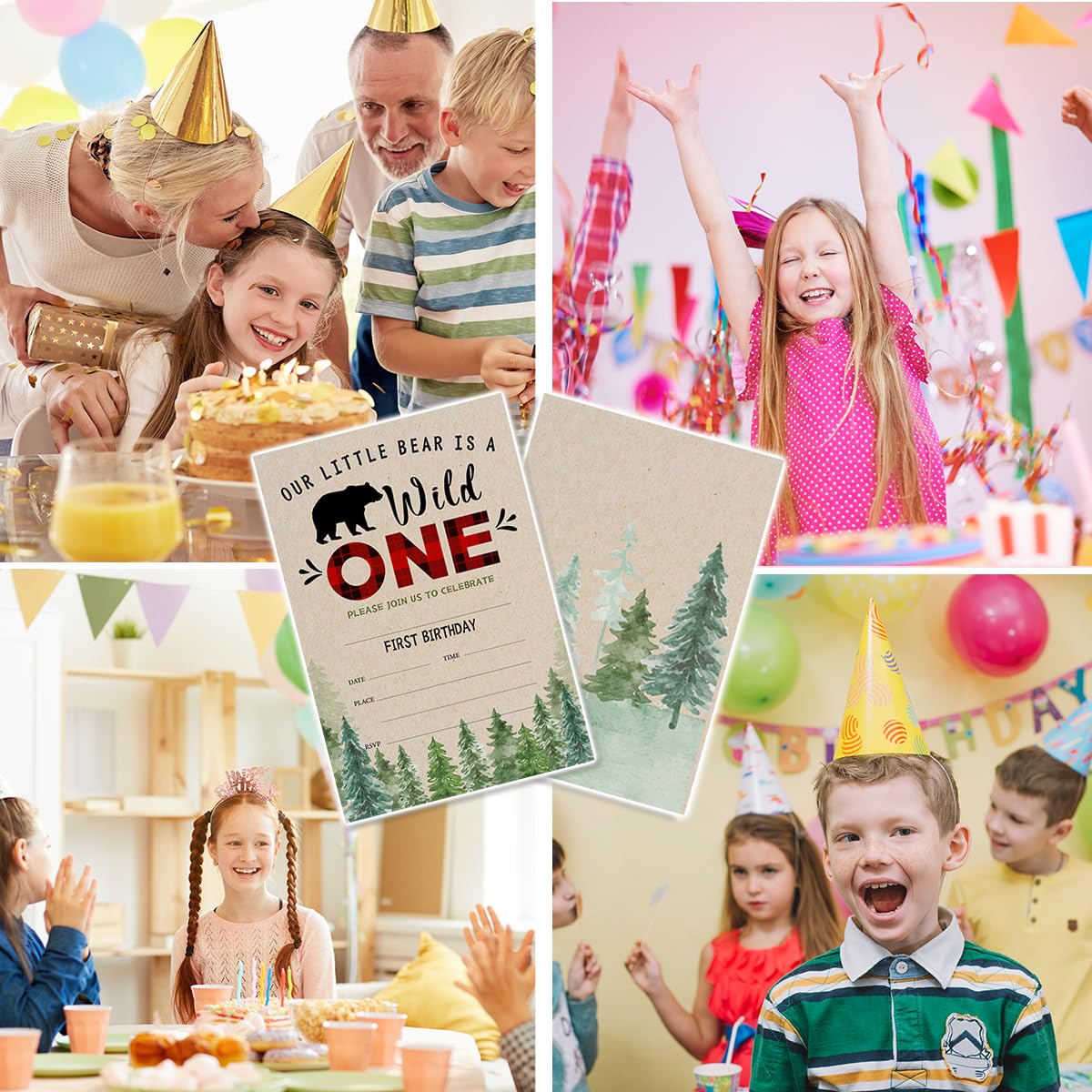 Wild One Birthday Party Invitations with Envelopes (20-Pack), 4"x6" Rustic Bear Buffalo Plaid 1st Birthday Invitation Cards, Fill-in Style Party Invites-B08
