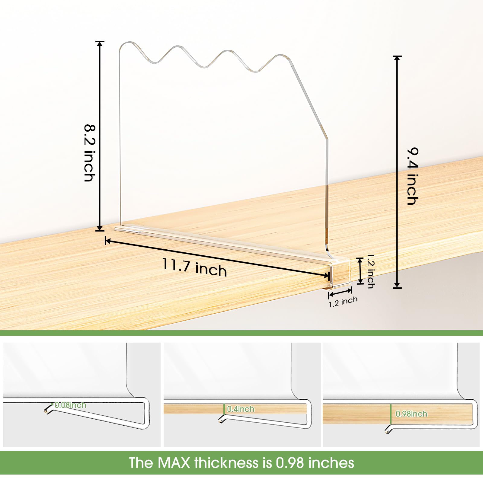 SPACEKEEPER Shelf Dividers for Closet Organization, Clear Closet Shelf Divider for Clothes Purses Separators, Wood Shelves Organizer for Bedroom, Kitchen, Office, Cabinets, Bathroom, 12 Pack