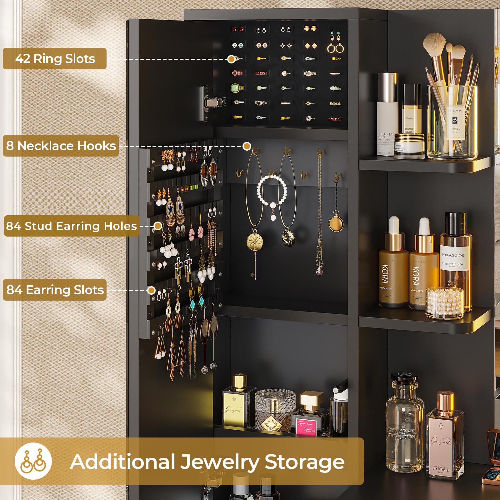 BTHFST Vanity Desk with Lighted Mirror & Jewelry Storage, Makeup Vanity with Lights & Charging Station & Full Length Mirror, Vanity Table with Drawers & Shelves & RGB Cabinet, White and Gold