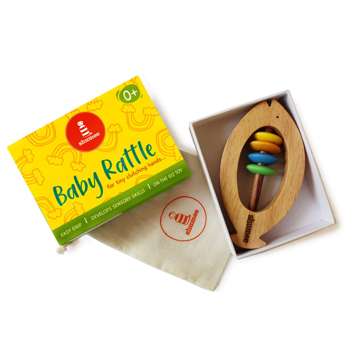 Shumee Wooden Fish Rattle Rings and Teethers for Infants | Sensory Toy | 100% Safe, Natural & Eco-Friendly | 6 Months+