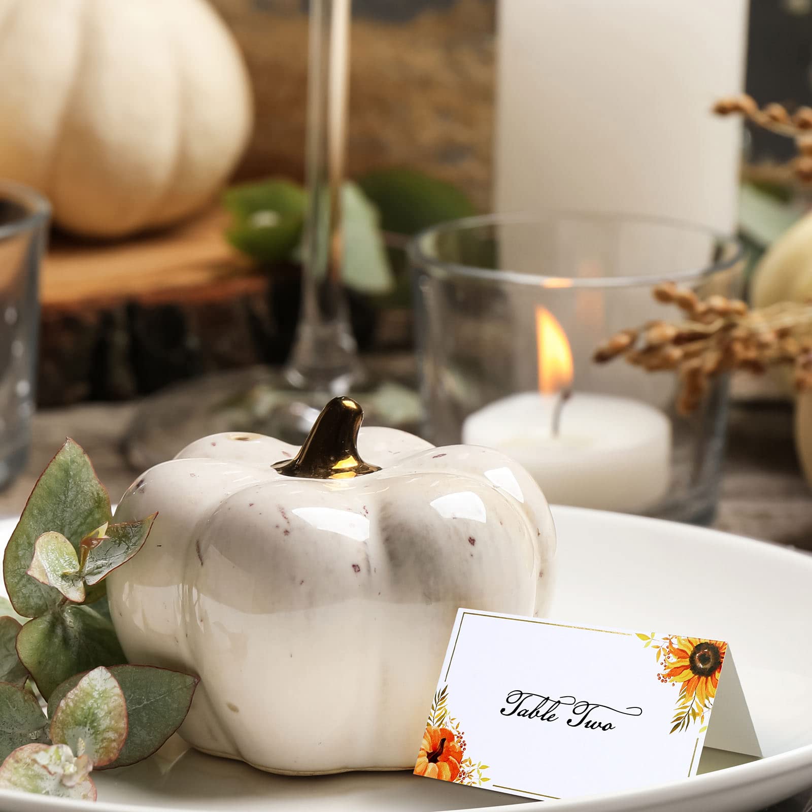 Whaline Thanksgiving Place Cards 50Pcs Autumn Fall Table Tent Place Cards Foil Gold Sunflower Pumpkin Seating Name Escort Card Folded Seat Assignment Setting Label for Wedding Baby Shower Party