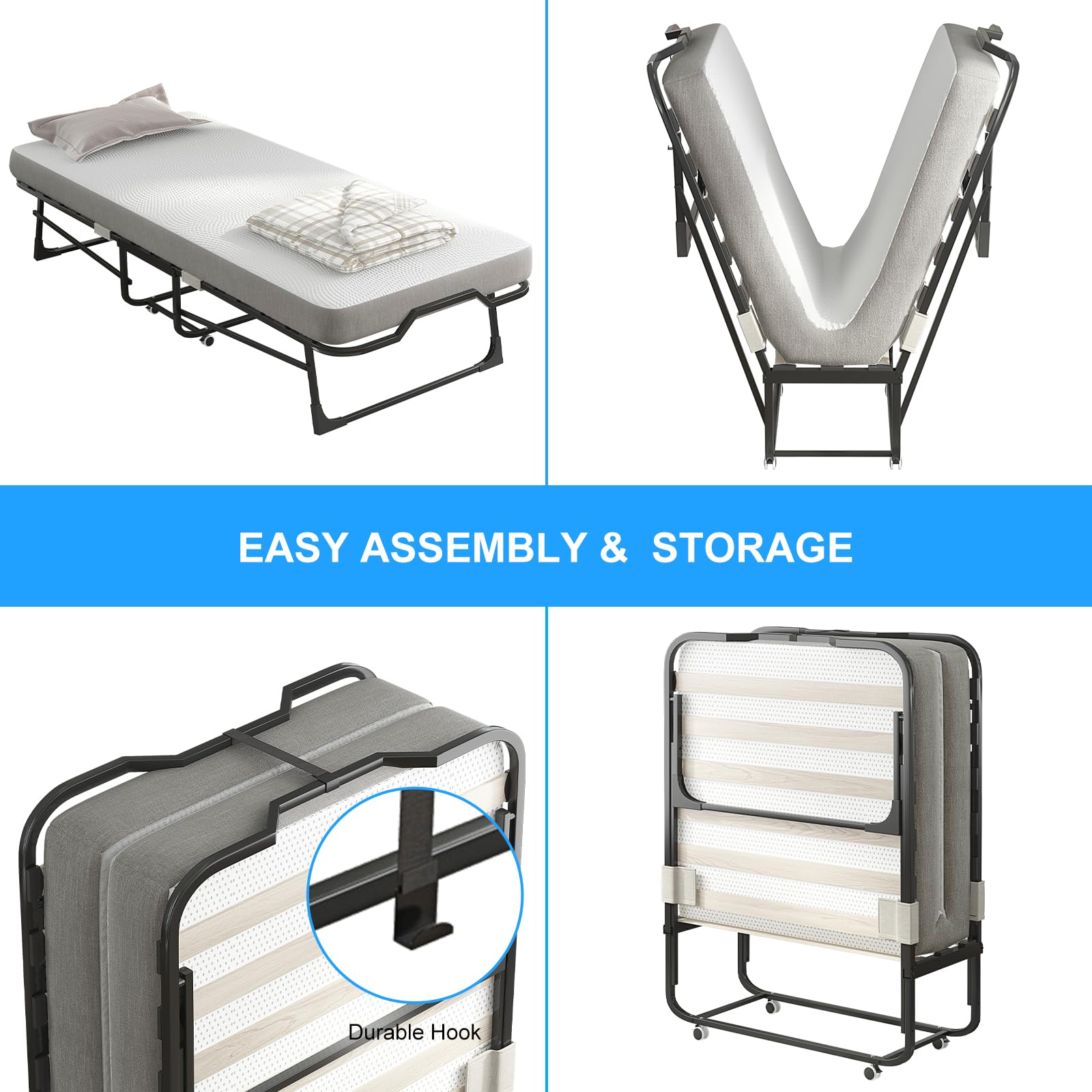PUREMIND Folding Bed with Mattress for Adults,Twin Size Rollaway Bed with 5'' Memory Foam Mattress, Portable Foldable Bed Fold Up Guest Bed with Dustproof Bag & Baffle (Upgrade with Cover)