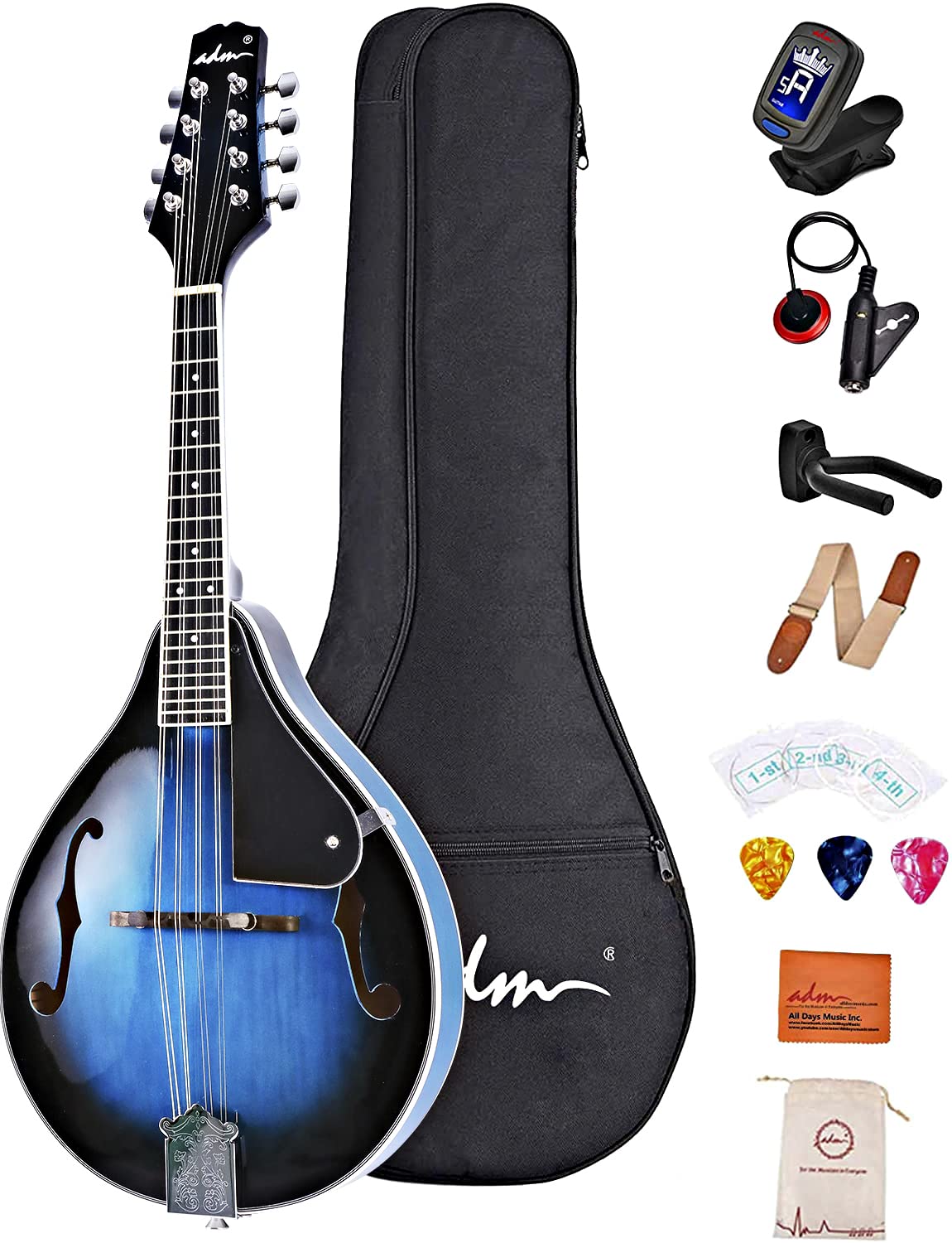 ADM Acoustic Mandolin Instrument Kit Music A Style for Kids Students Adults Wood Mandolins Beginner Set With Bag, Tuner, EQ, Strap, Strings, Picks and Hanger, Blue
