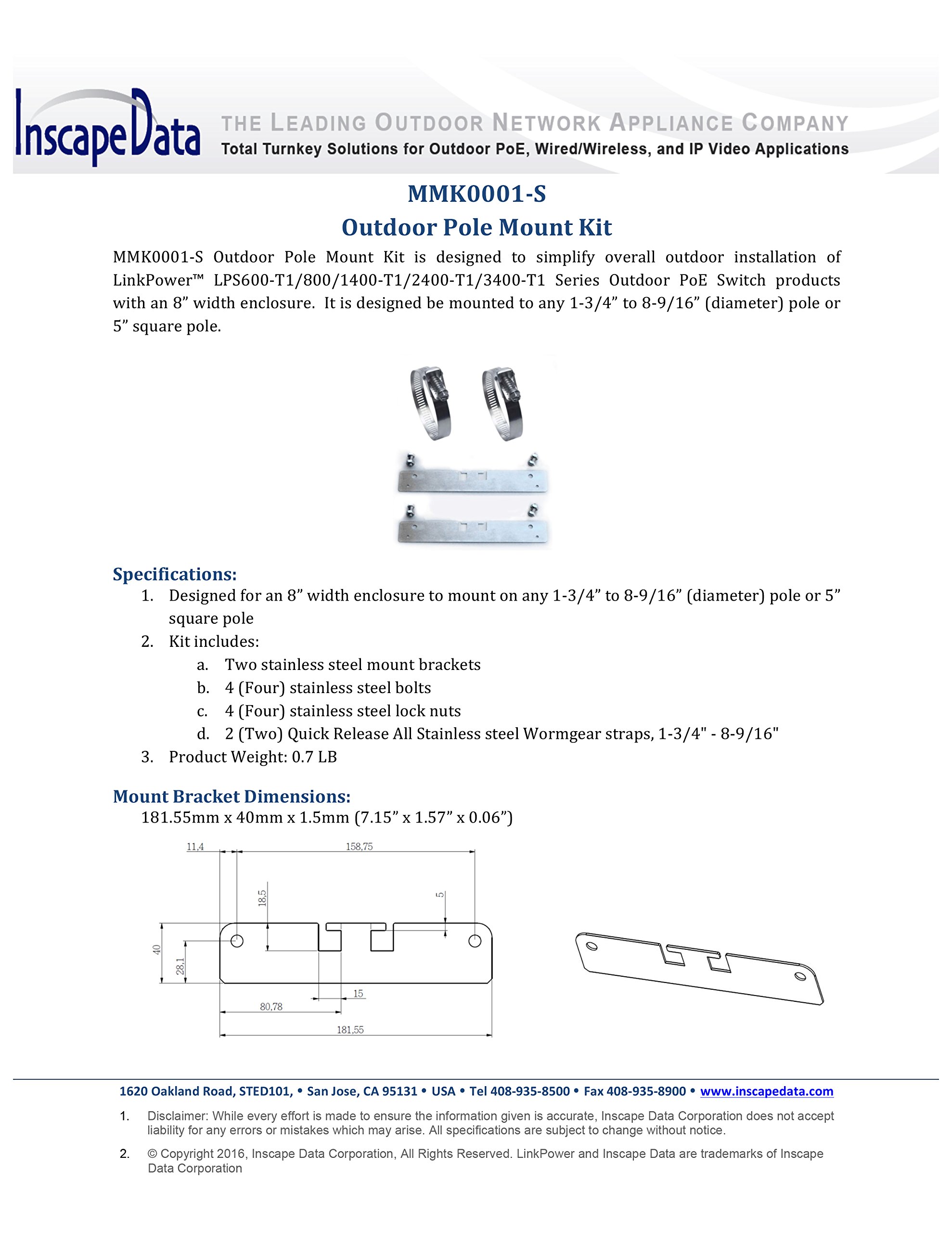LinkPower™ Pole Mount Kit MMK0001-S for LPS840AF-T1, LPS940-T1, & LPS2400-T1 Outdoor PoE Switch Models