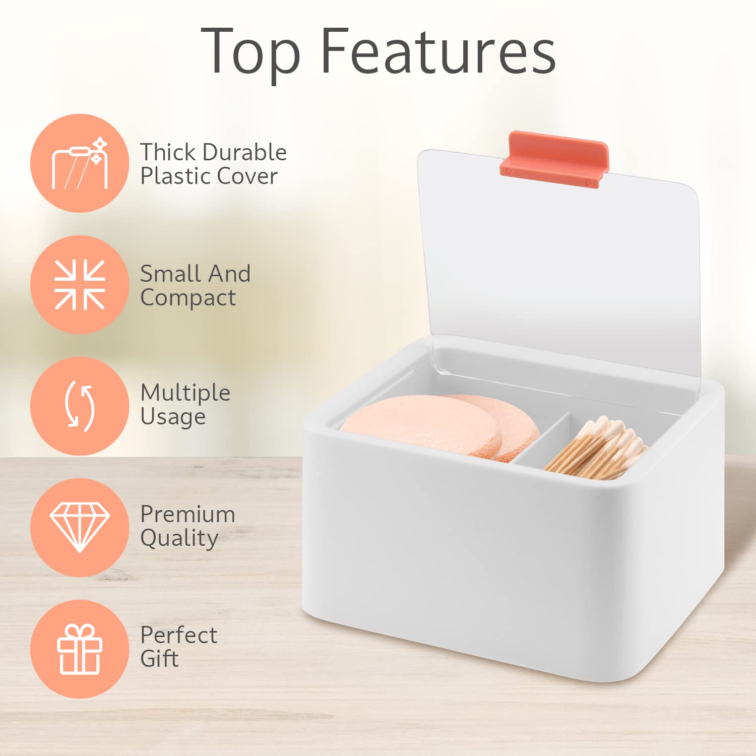 HOMEQUIP bathroom organizer Cotton Pad & Q Tip Storage with Lid – White Quip Dispenser Box with 2 Sections for Cotton Swab Balls, Makeup Sponge, Tooth Pick, Hair Accessories & Much More