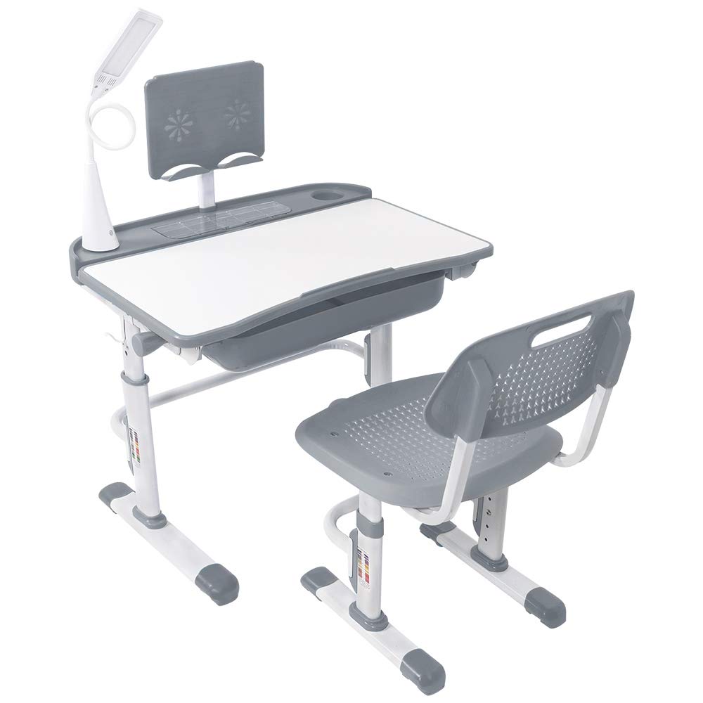 LVYUAN Kids Desk and Chair Set, Height Adjustable Kids Study Desk for Bedroom, Desk for Kids with Tiltable Desktop, 3 Modes Light, Go Back School Desk, Grey