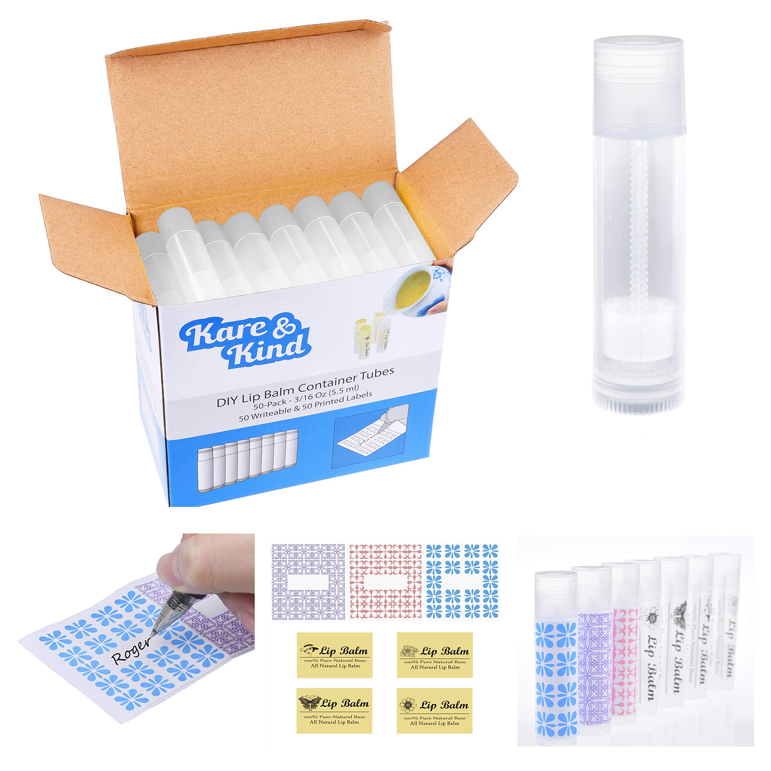 Lip Balm Container Tubes - 50-Pack - DIY - Transparent- 3/16 Oz (5.5 ml) - Including 50 Writeable & 50 Printed Lip Balm Stickers - Twist Mechanism and a Cap - Empty