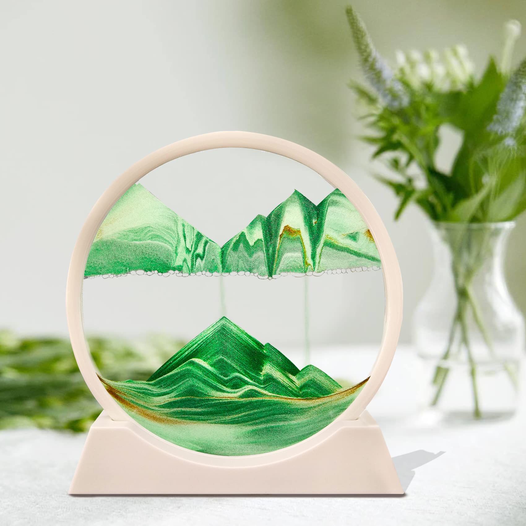 Aoderun Moving Sand Art Picture Round Glass 3D Deep Sea Sandscape in Motion Display Flowing Sand Gift for Adult Relaxing Toys D¨¦cor Desktop Home Office (7", Green)