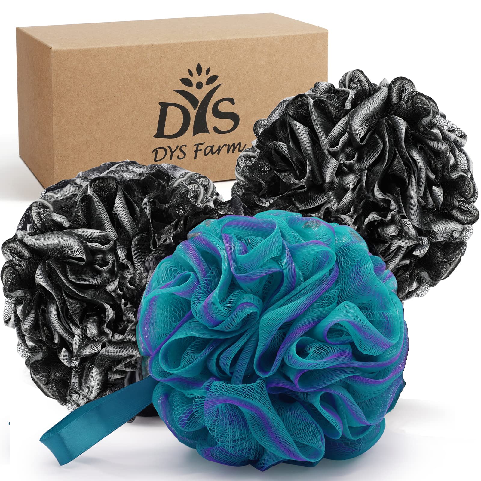 Bath Puffs Shower Loofah Sponge - Mesh Body Poufs, Large Loufa Sponges, Men Women Luffas, Soft Exfoliating Shower Lufa Poofs Back Scrubber Ball loofas for Skin Wash, 3 Pack(XL 75G), Black