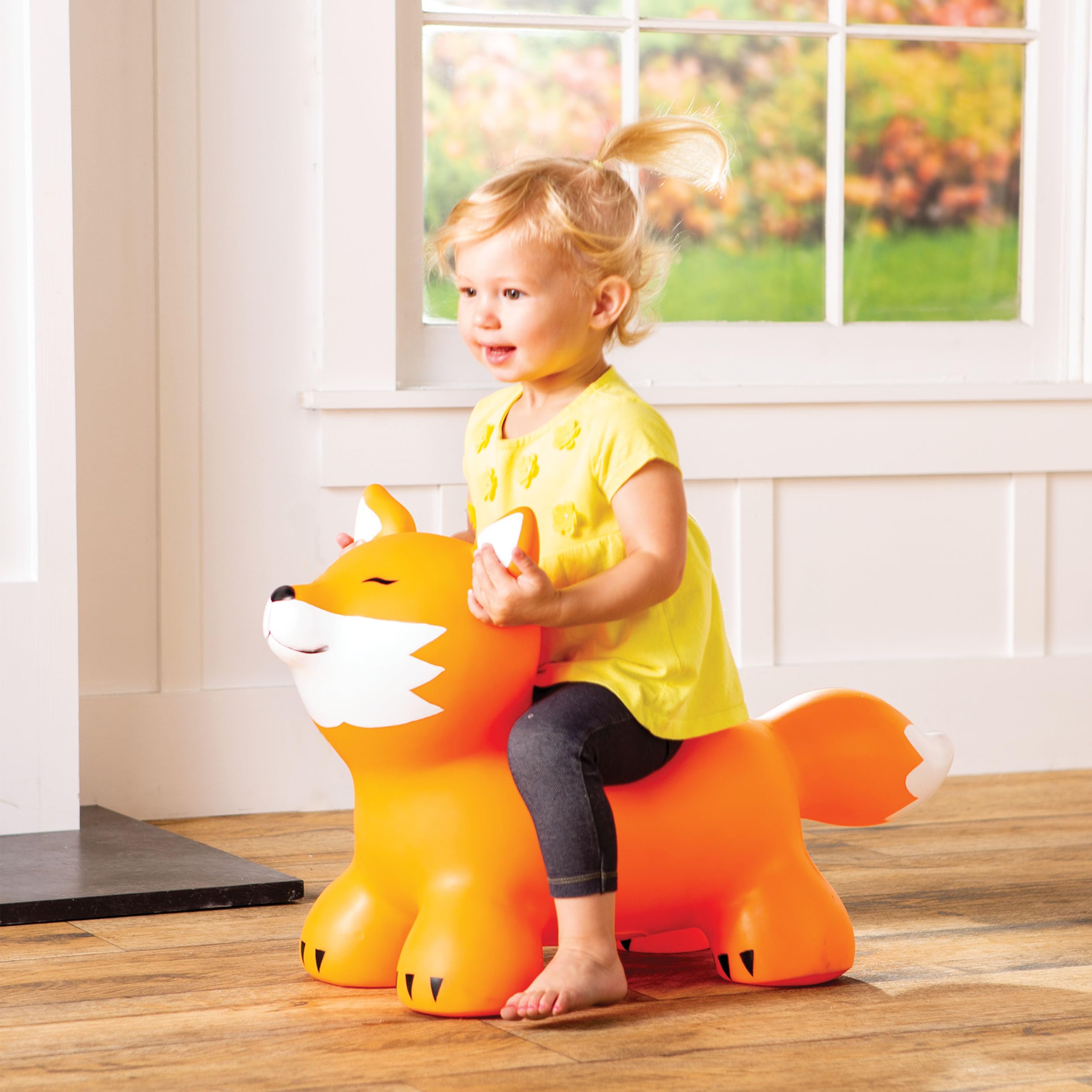 Hearthsong Bouncy Inflatable Animal Jump-Along, 28”L x 13.5”W x 17.5”H, Hand Pump Included, 150 lbs., Ages 12 Months and Up, Fox