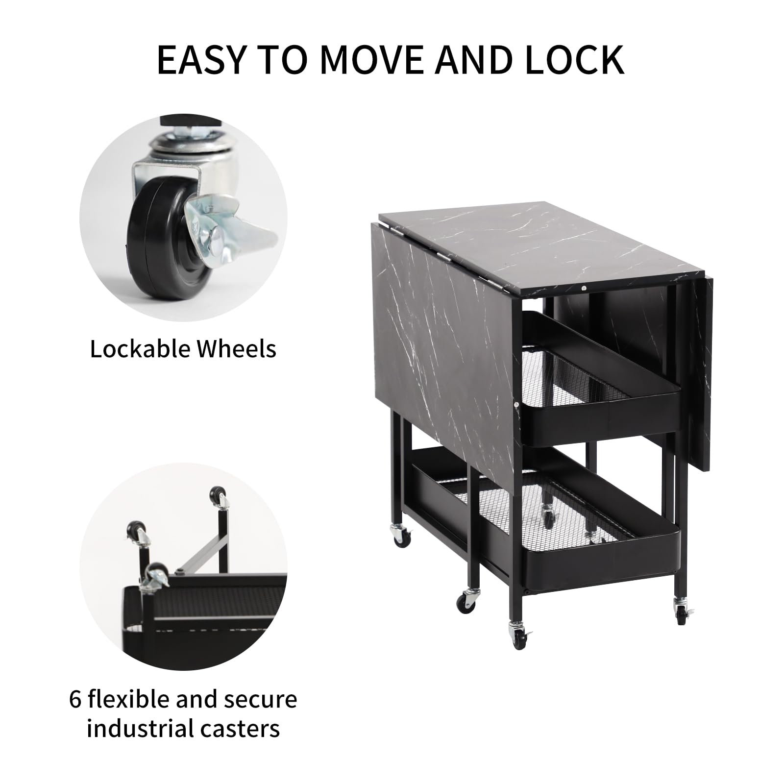 ADOFFUR Folding Dining Table, Foldable Kitchen Table with Storage, Space Saving Extendable Folding Dinner Table with 6 Wheels for Kitchen, Small Spaces, Living Room - Black