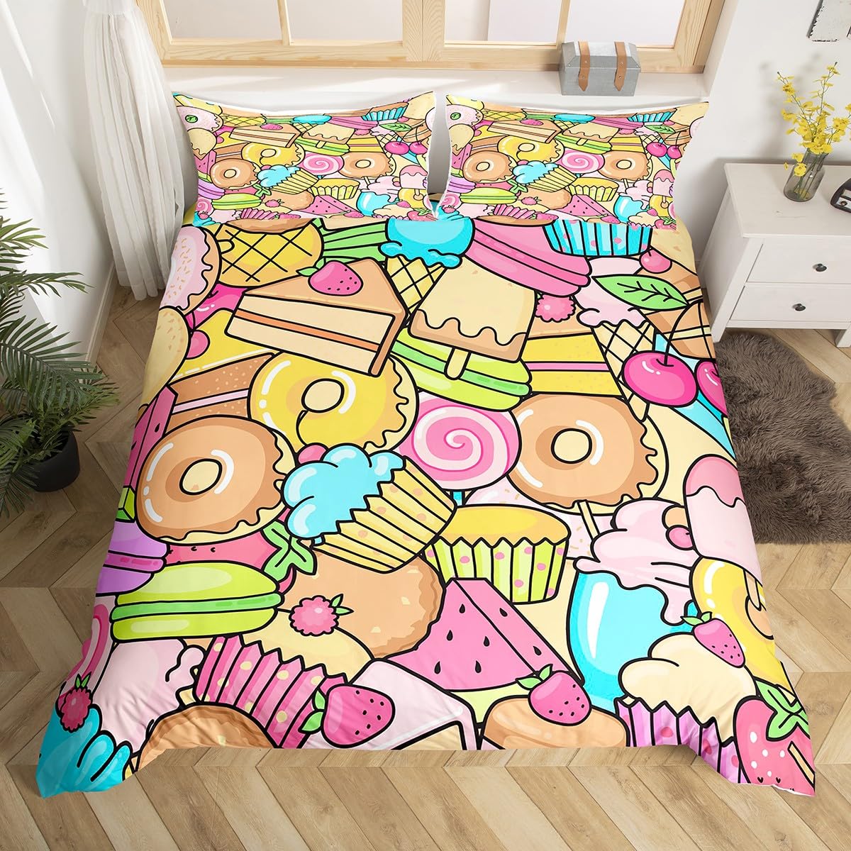 Feelyou Cartoon Ice Cream Duvet Cover Donut Cupcake Bedding Set for Kids Boys Girls Delicious Desert Comforter Cover Girls Sweets Bed Set 1 Duvet Cover with 1 Pillowcase Twin Size (No Comforter)