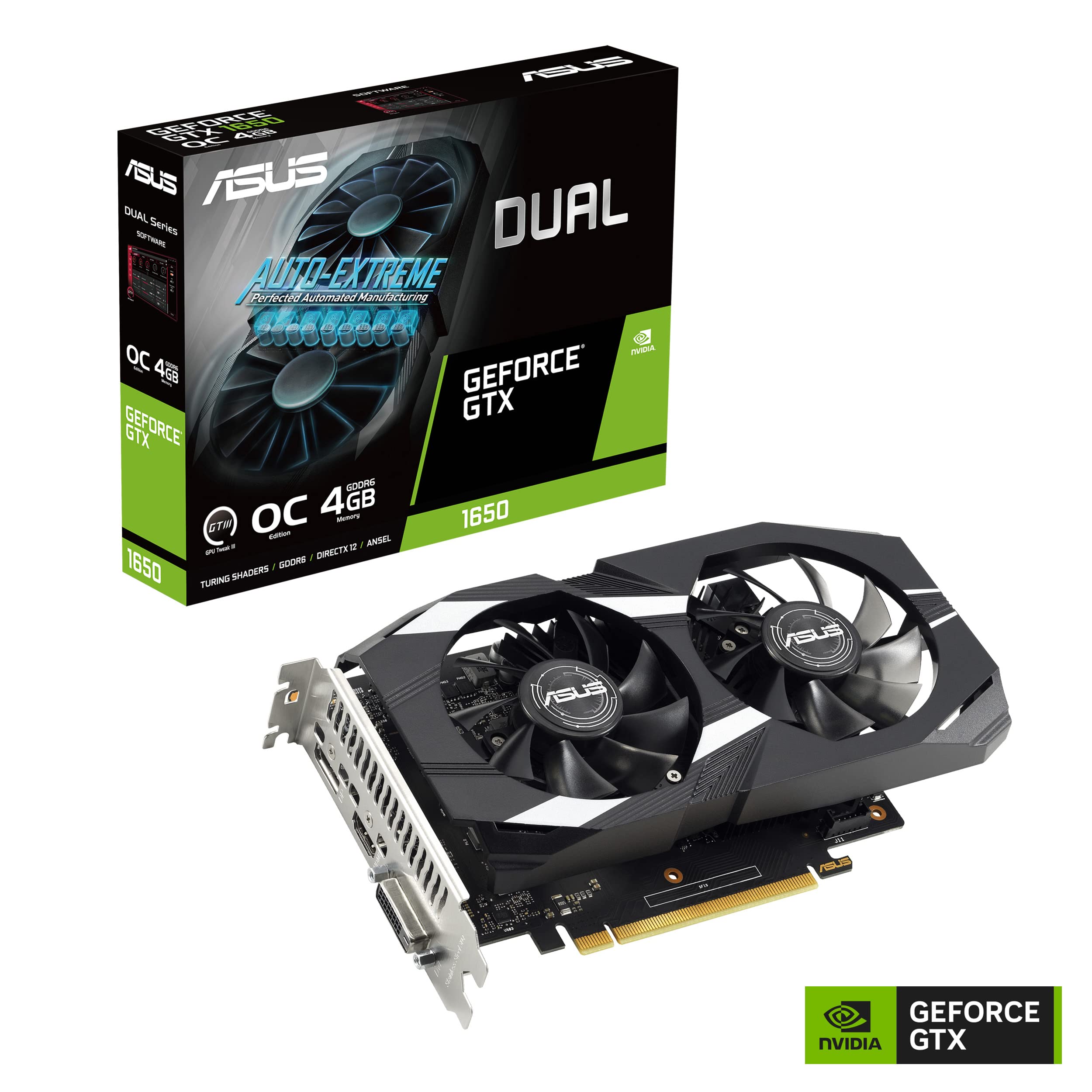 ASUS Dual GeForceĀ® GTX 1650 V2 OC Edition 4GB GDDR6 (PCIE 3.0, 4GB GDDR6 memory, HDMI 2.0b, DisplayPort 1.4a, DVI-D, IP5X Dust Resistant, Auto-Extreme)